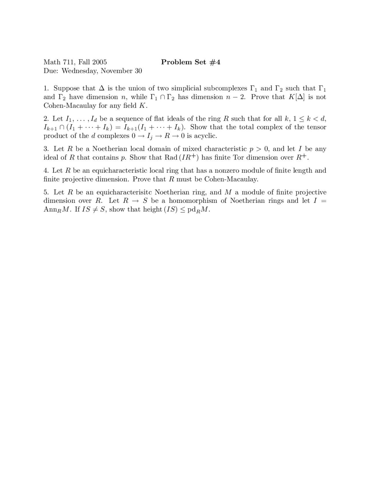 5 Questions On Advanced Algebra Problem Set Iv Math 711 Docsity