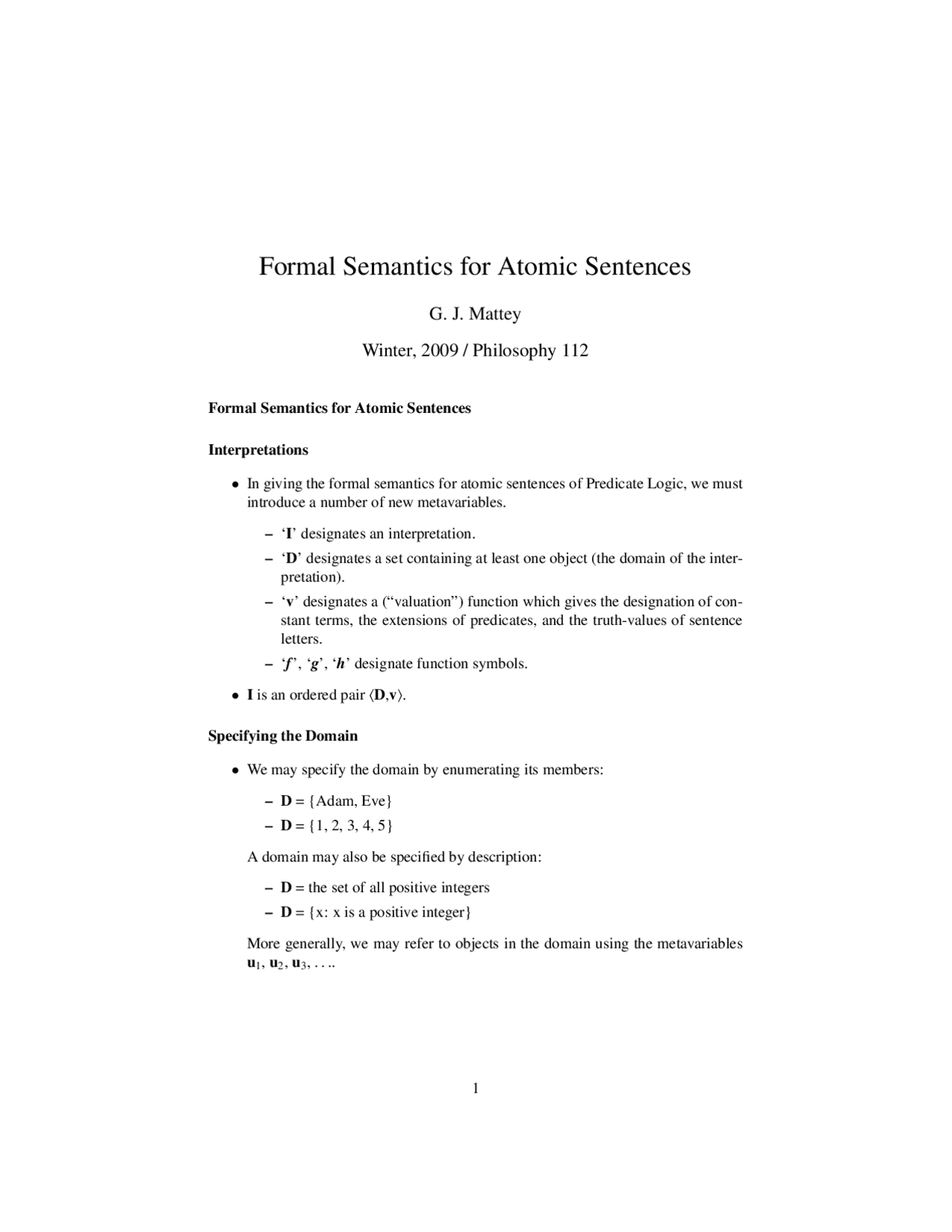 Formal Semantics For Atomic Sentences Paper Phi 112 Docsity