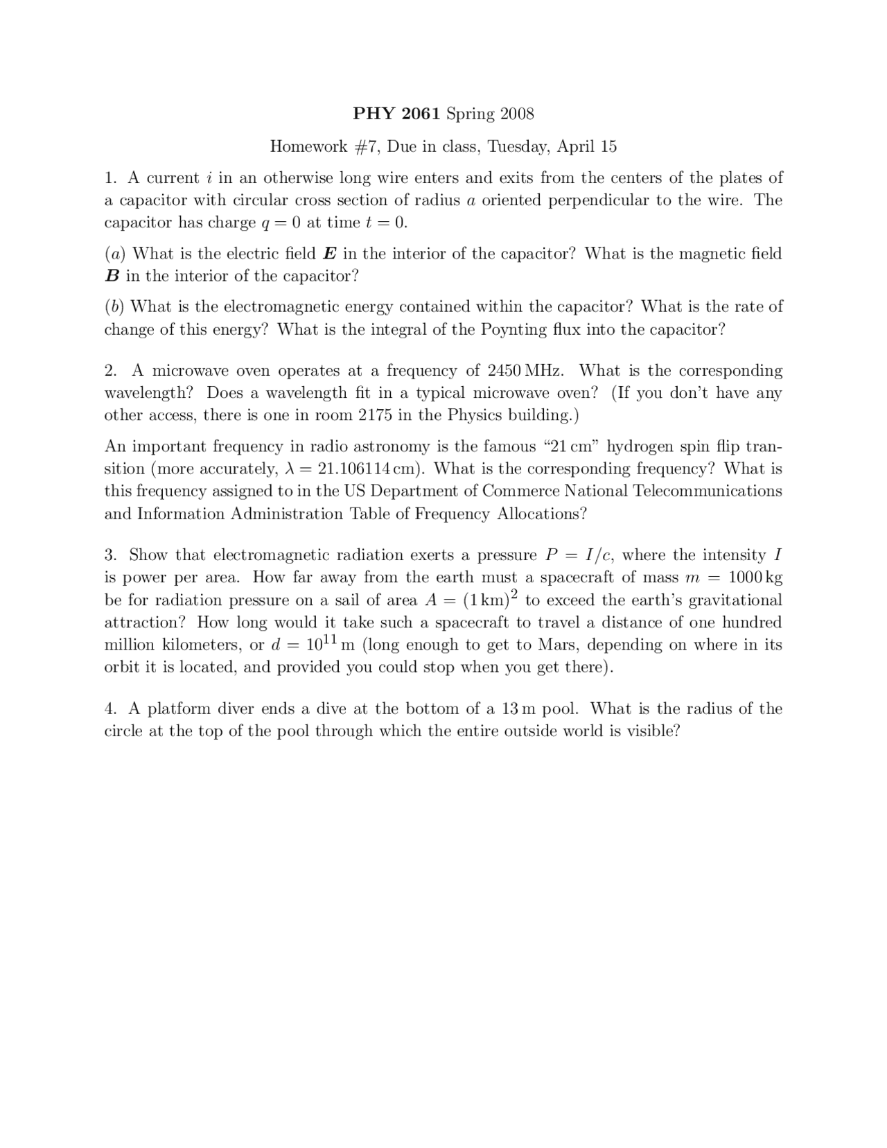 Enriched Physics Calculus Ii Homework 7 Problems Phy 2061 Docsity