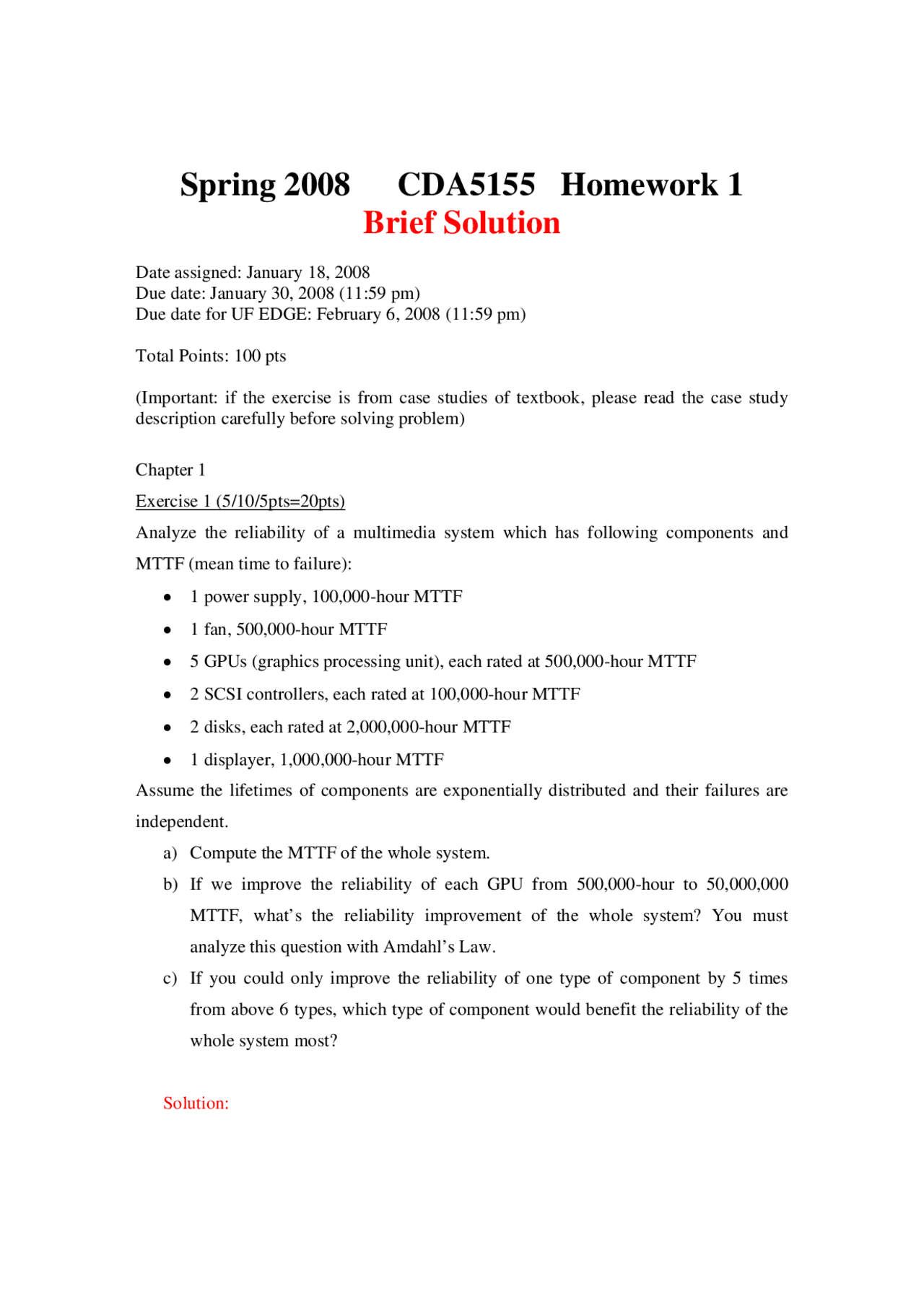 Homework I Solutions Computer Architecture Principles Cda 5155
