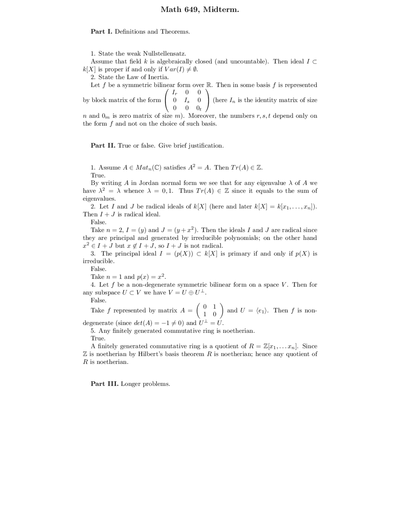 Midterm I With Answers Abstract Algebra Math 649 Docsity