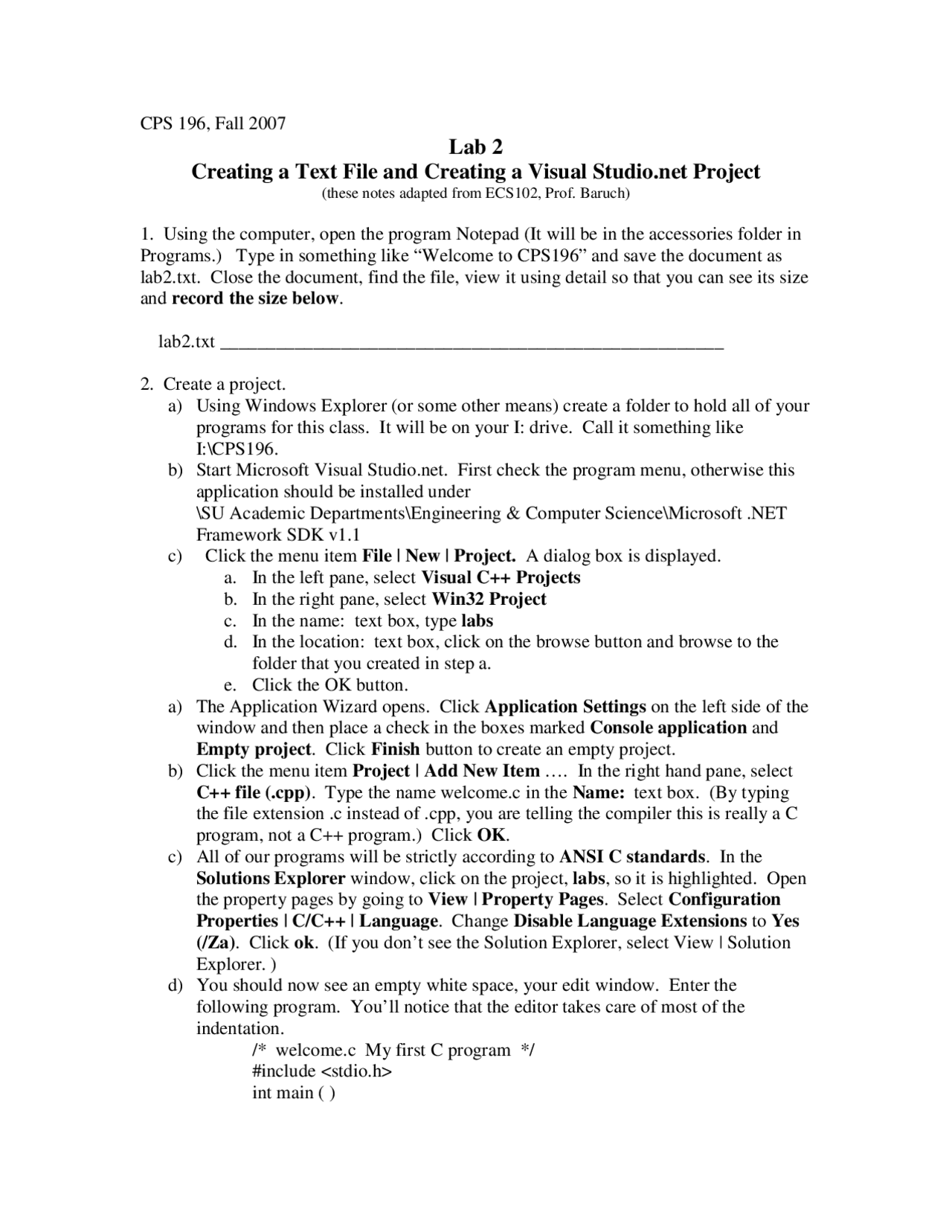 Creating a Text File and Visual Studio.net Project in CPS196 - Lab 2 | Lab Reports Computer ...