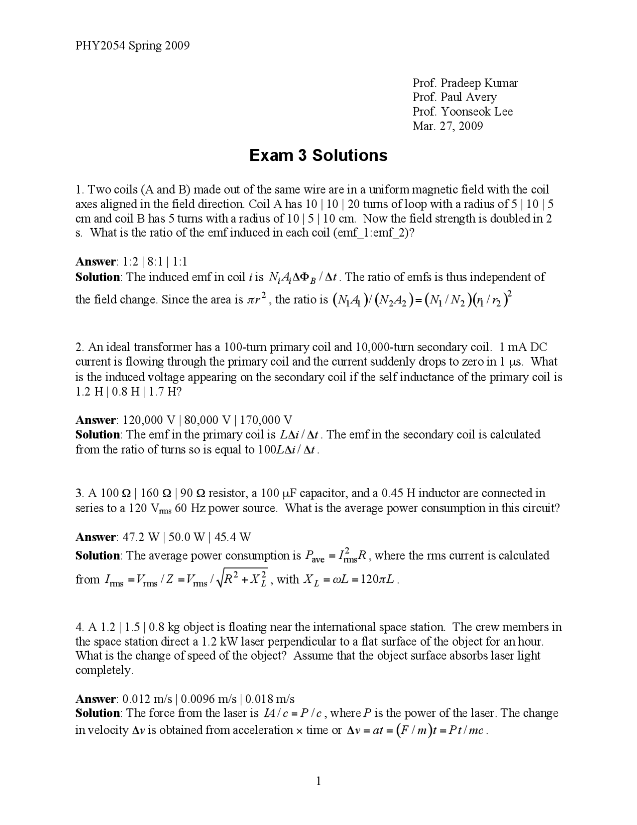 20 Questions on Physics 2 with Solutions - Exam 3 | PHY 2054 - Docsity
