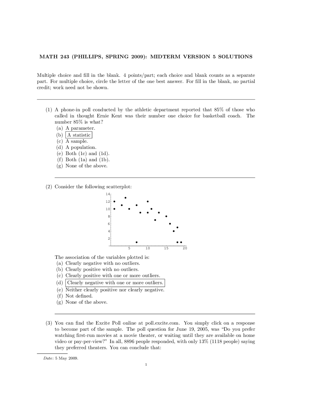 Midterm Exam 5 Solutions - Introduction to Probability and Statistics | MATH 243 - Docsity