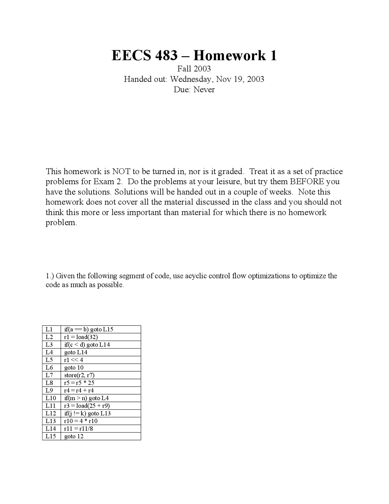 Assignment 1 For Compiler Construction Fall 2003 Eecs 483 Docsity