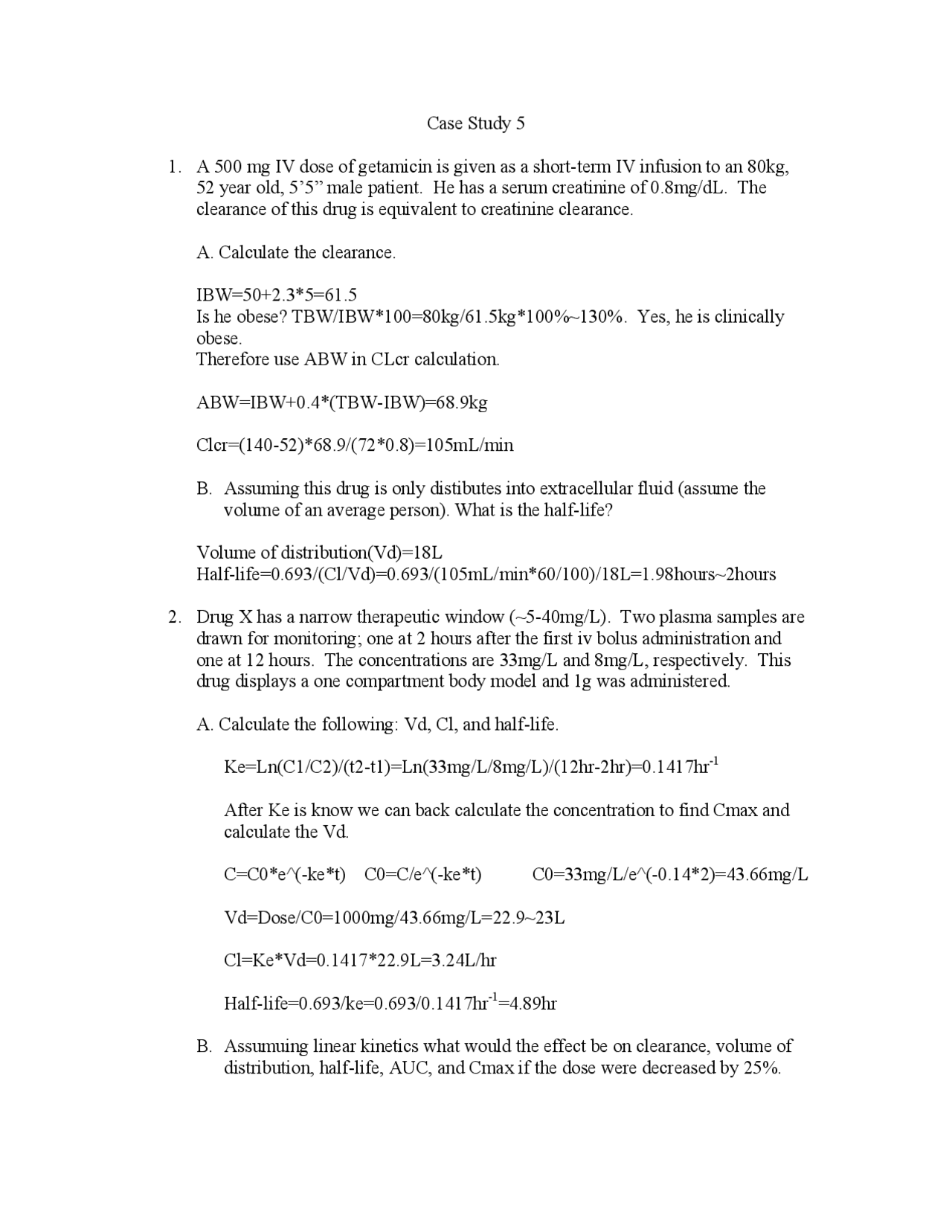 Case Study 5 for Dose Optimization 1 | PHA 5127 - Docsity
