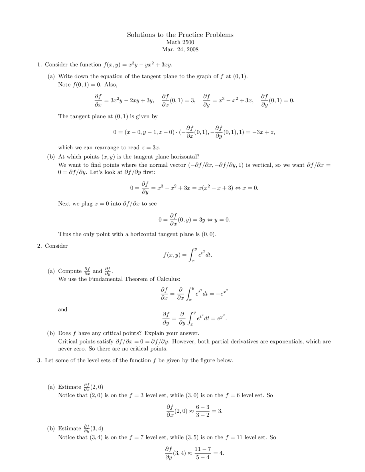 Solution To Practice Problems Multivariable Calculus Math 2500