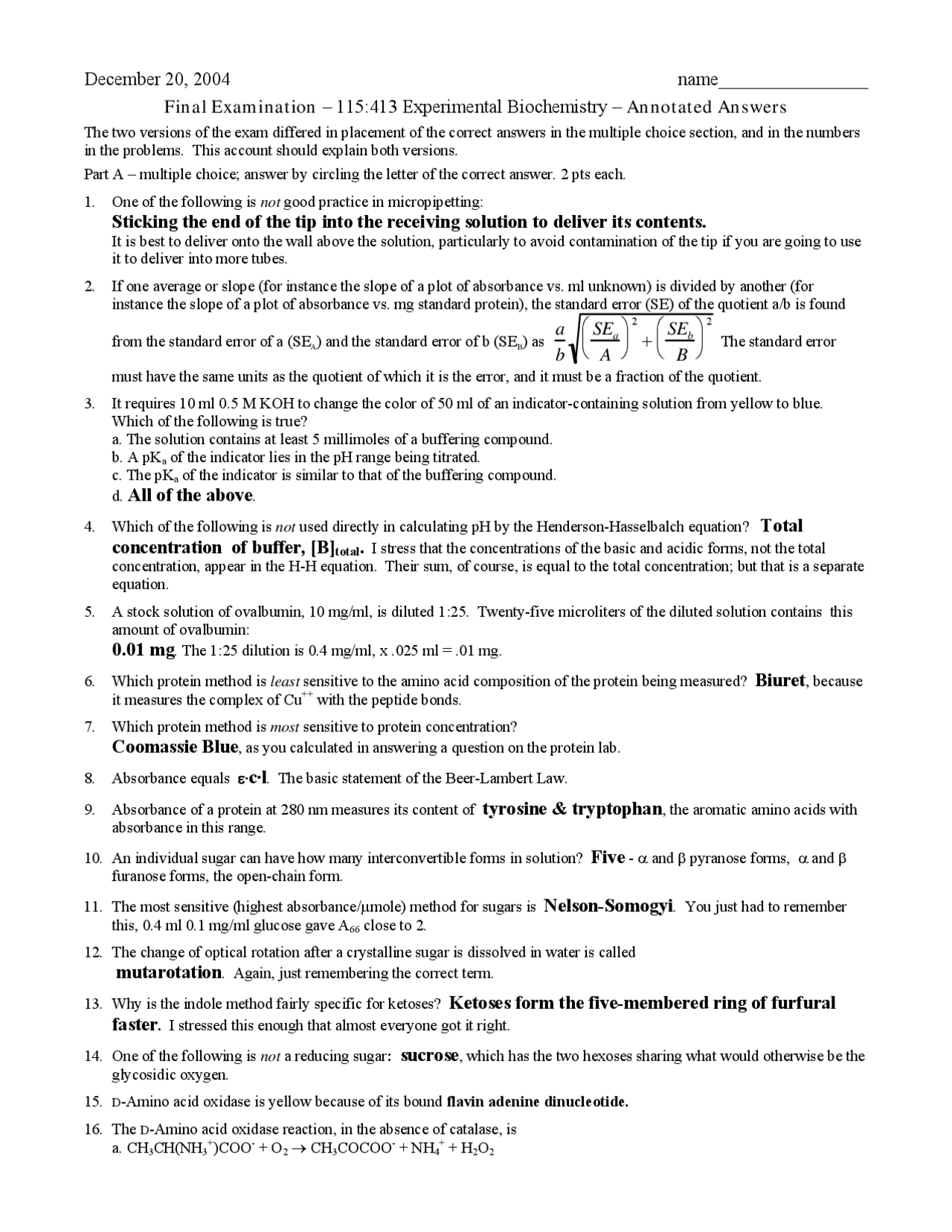 Final Examination with Solutions - Experimental Biochemistry | 115 413 ...