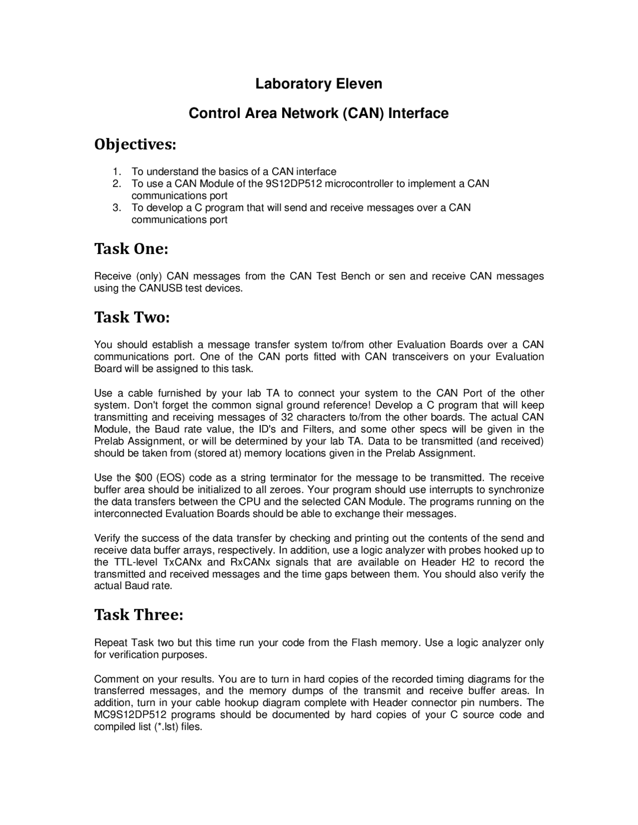 Laboratory Eleven Control Area Network Can Interface Ece 4510 Docsity