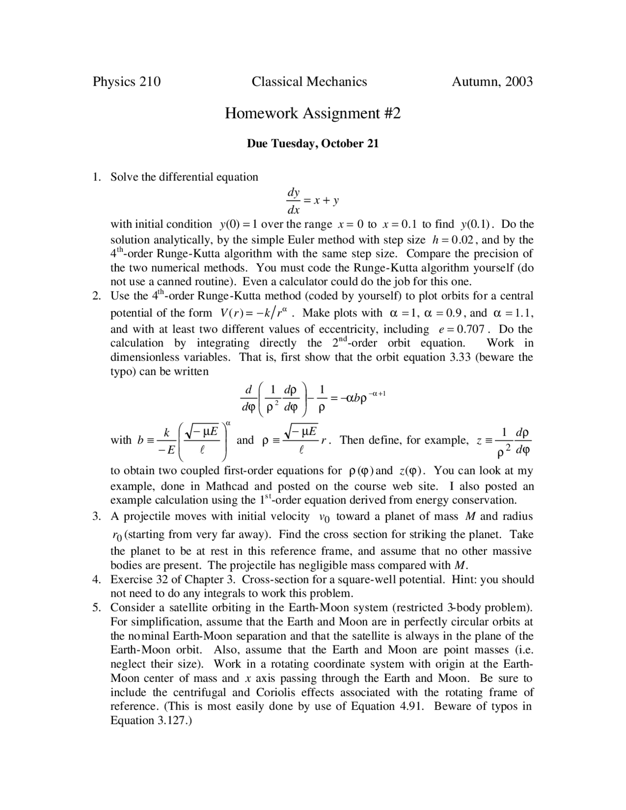 8 Questions on Classical Mechanics - Assignment Two | PHYS 210 - Docsity