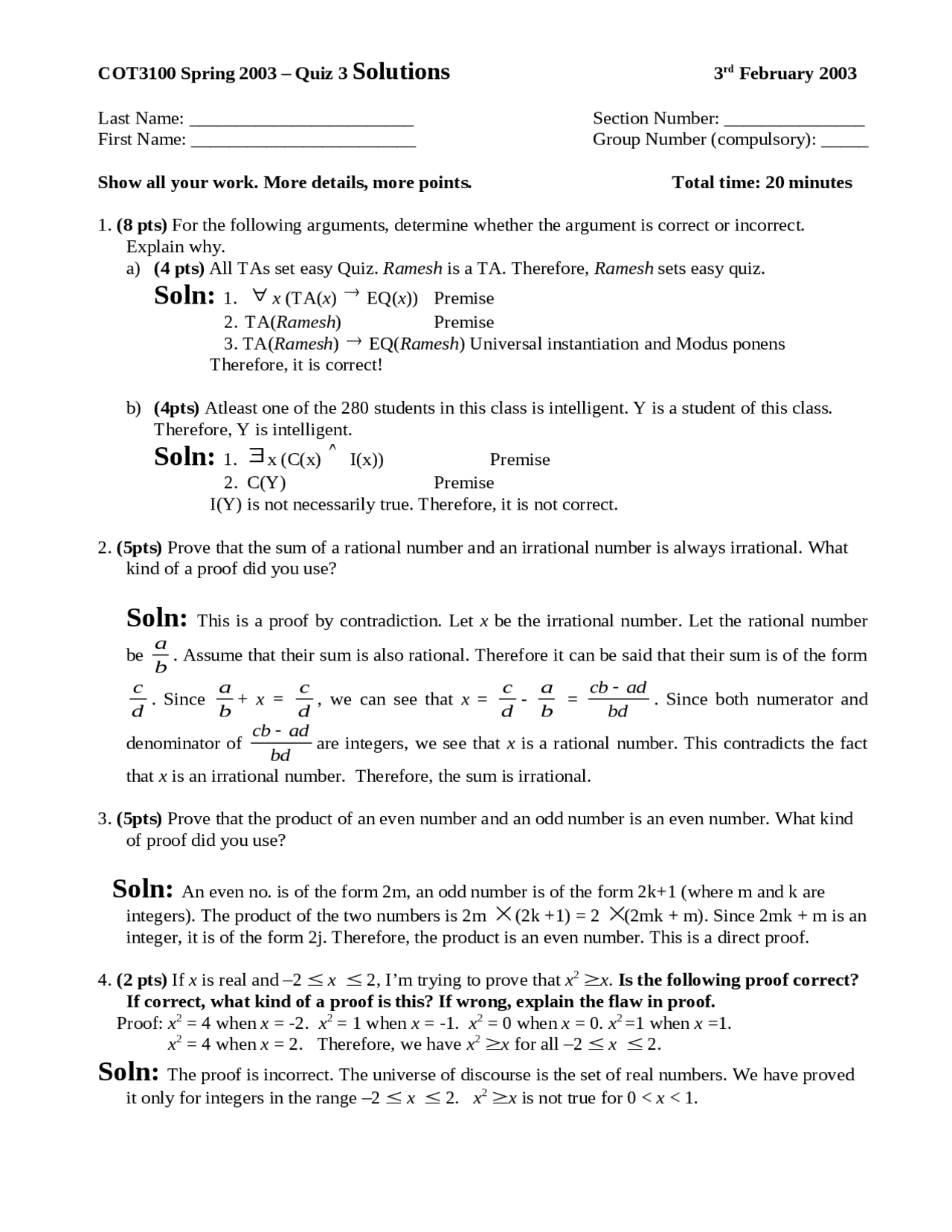 Quiz 3 With Solutions Applications Of Discrete Structures Cot 3100