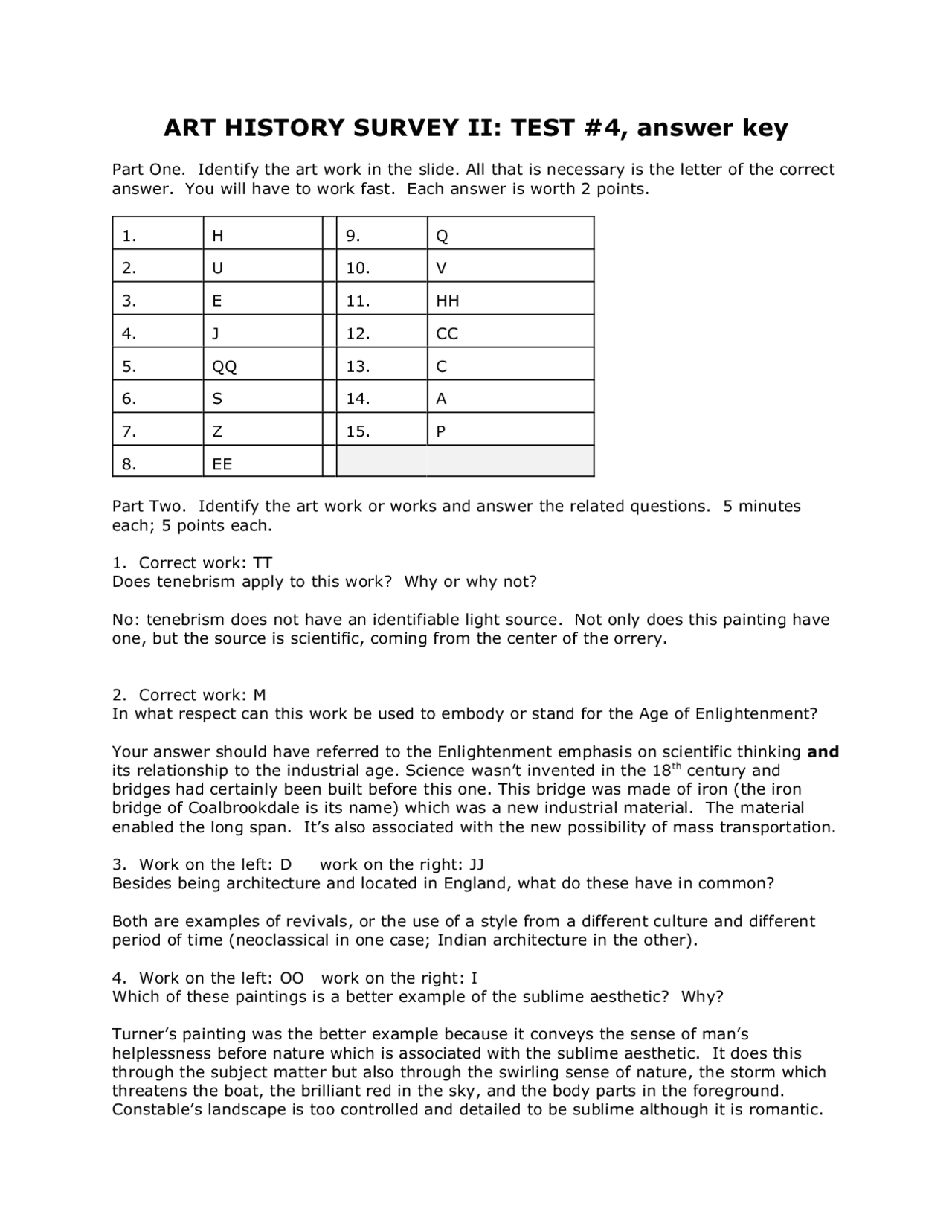Test 4 Answer Key - Art History Survey: Renaissance to Contemporary ...
