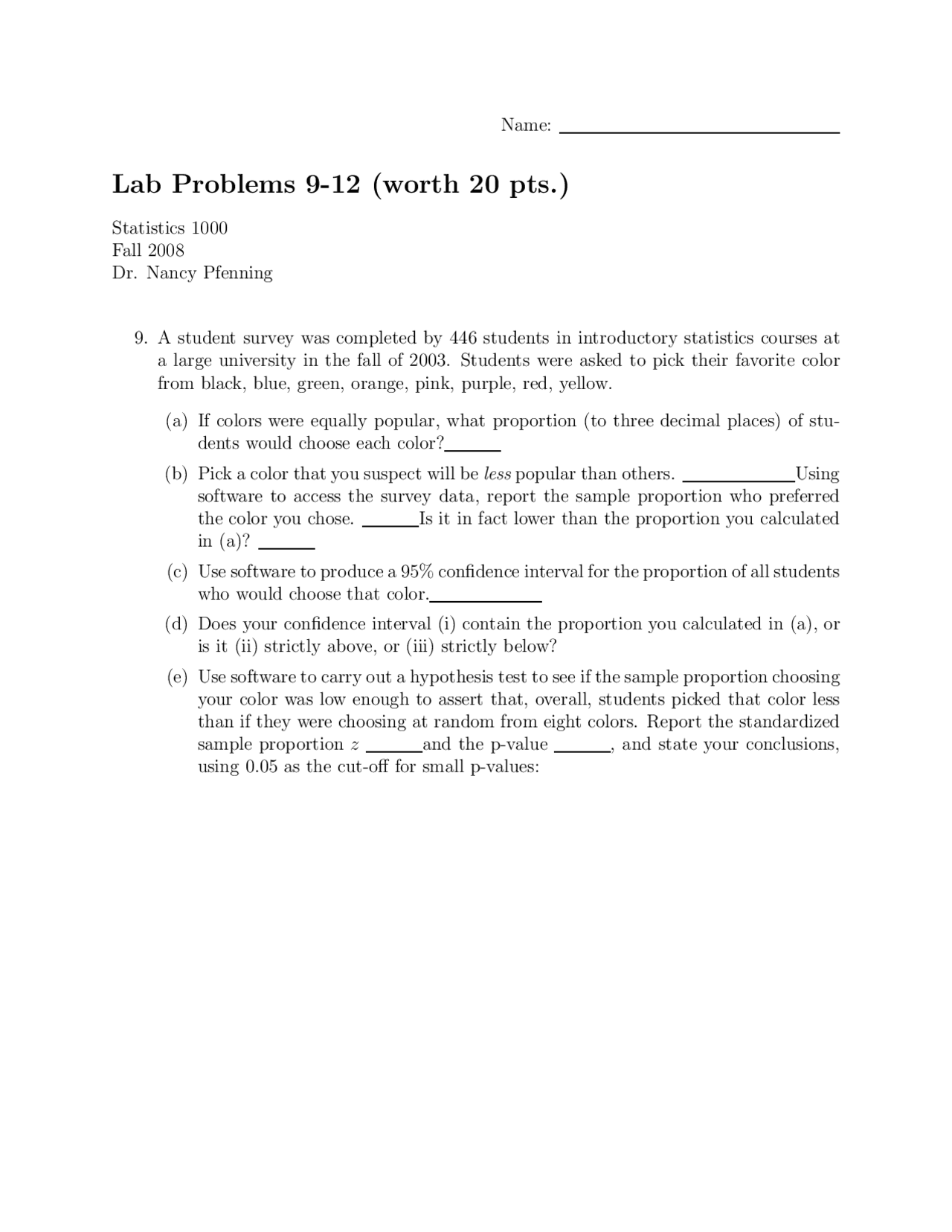 Applied Statistical Methods Lab Problems Stat 1000 Docsity