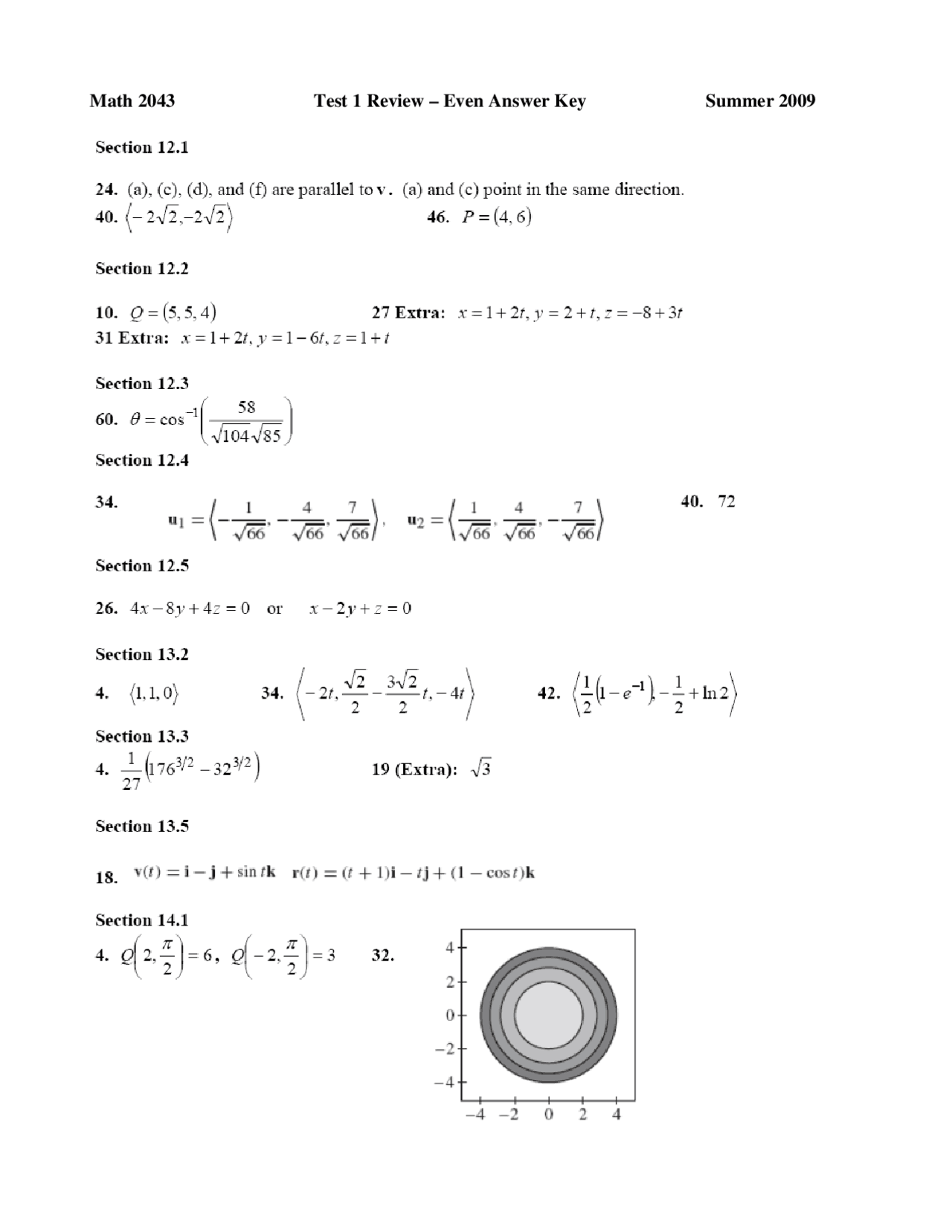 Test 1 Review-Even Answer Sheet - Calculus III | MATH 2043 - Docsity