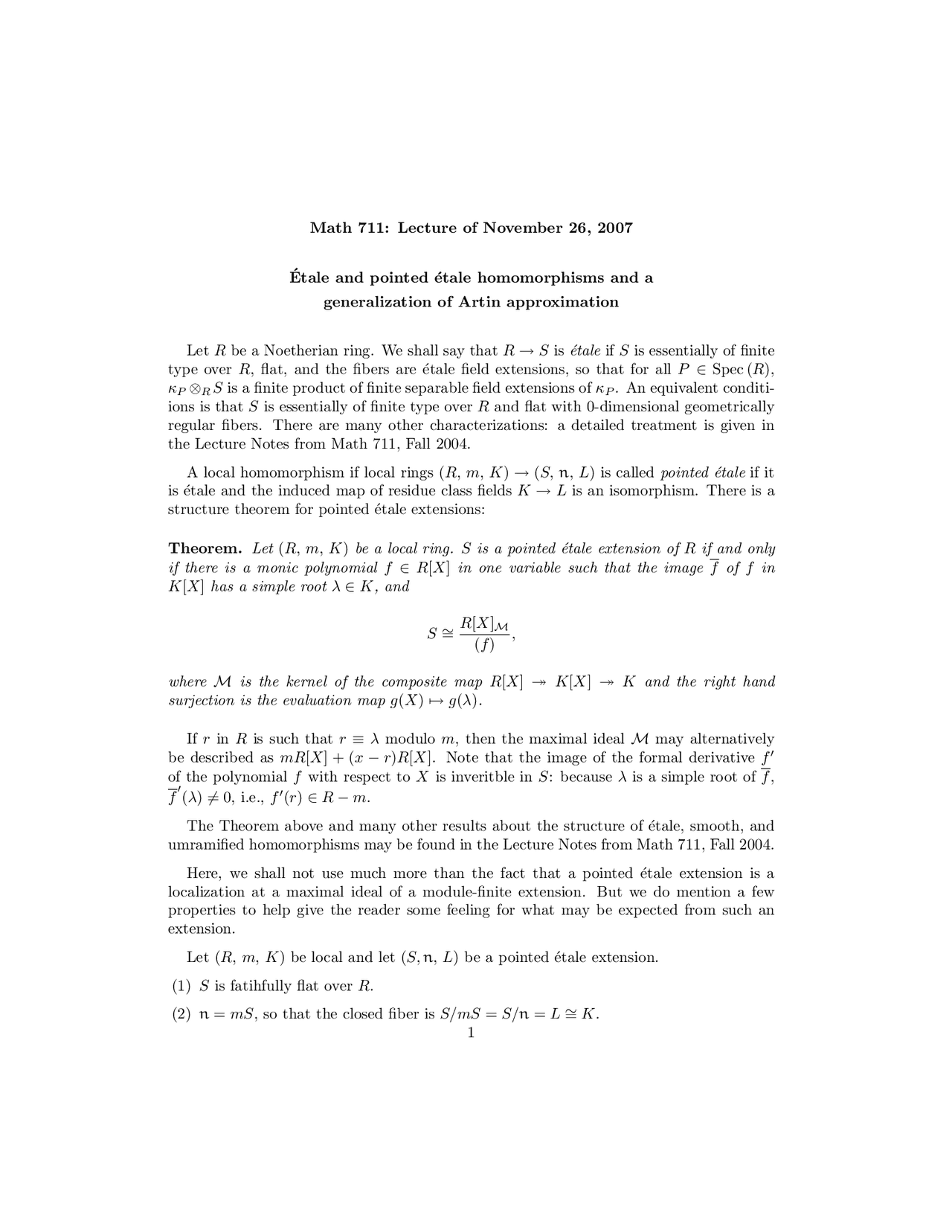 Étale and Pointed Étale Homomorphisms and Artin Approximation - Prof ...