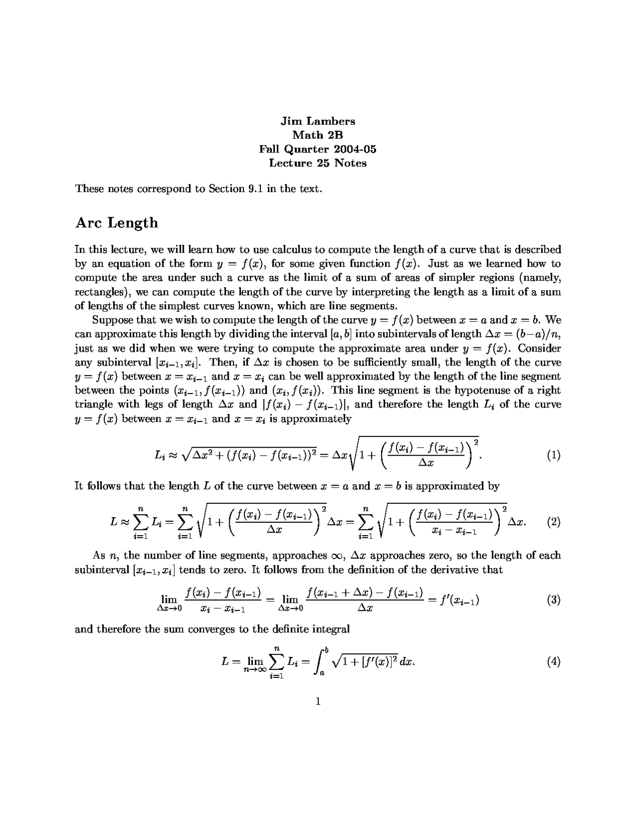 Lecture Notes on Arc Length - Calculus | Math 2B - Docsity