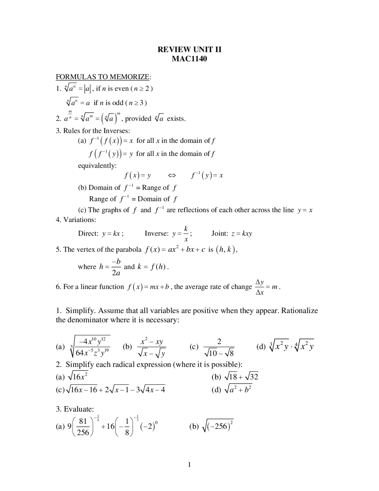 Precalculus Algebra Review Sheet Mac 1140 Docsity
