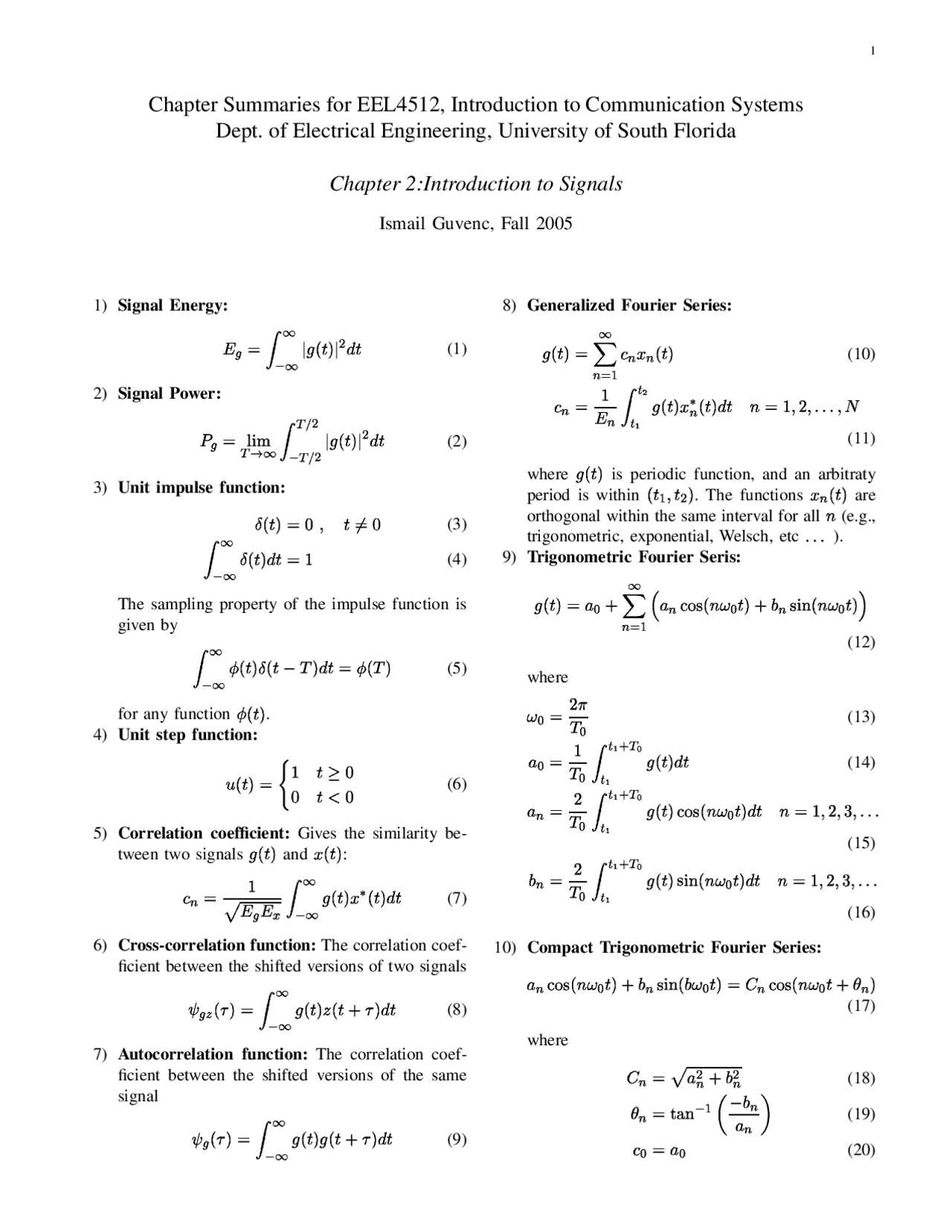 Introduction To Signals Communication Systems Handout Eel 4512c