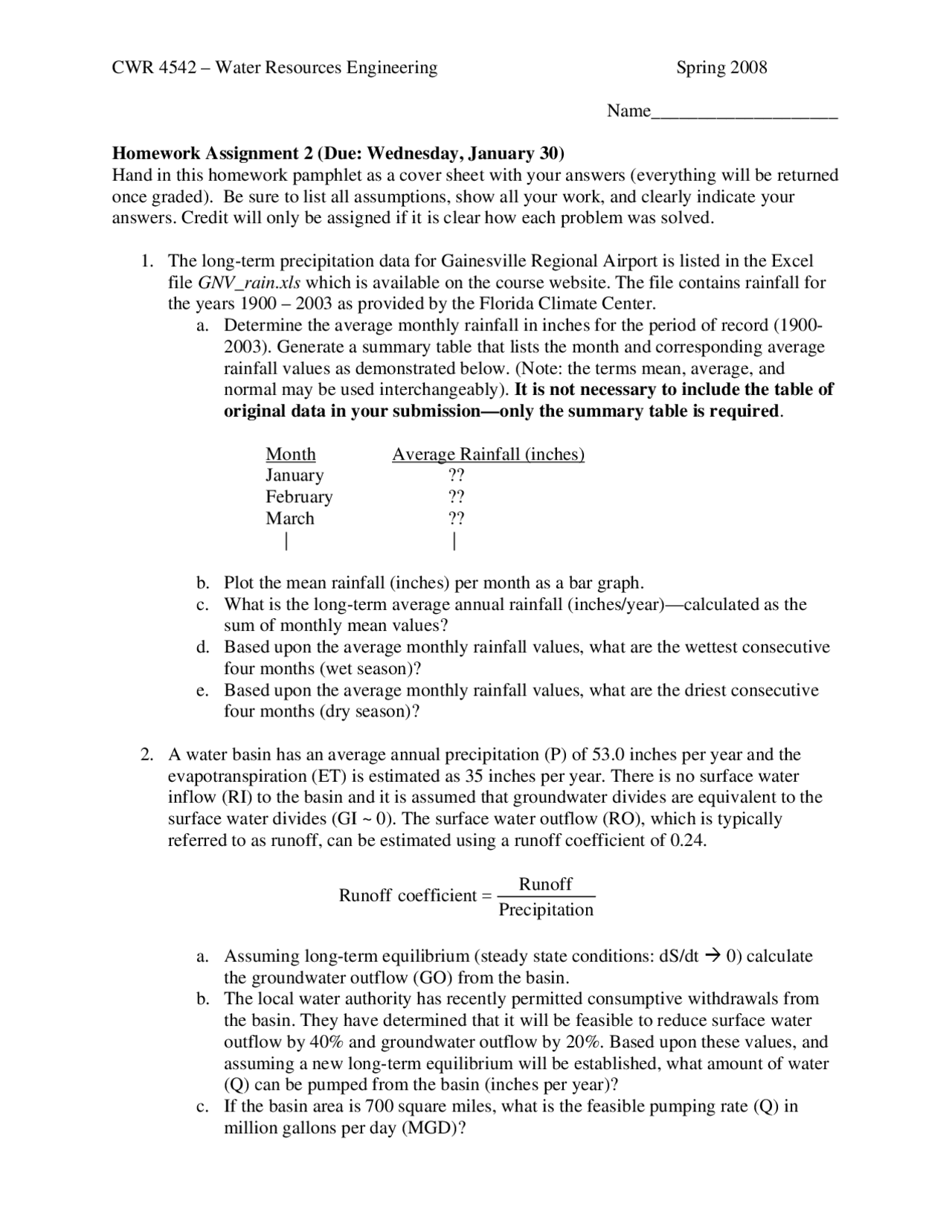 Water Resources Engineering Homework 2 Cwr 4542 Docsity