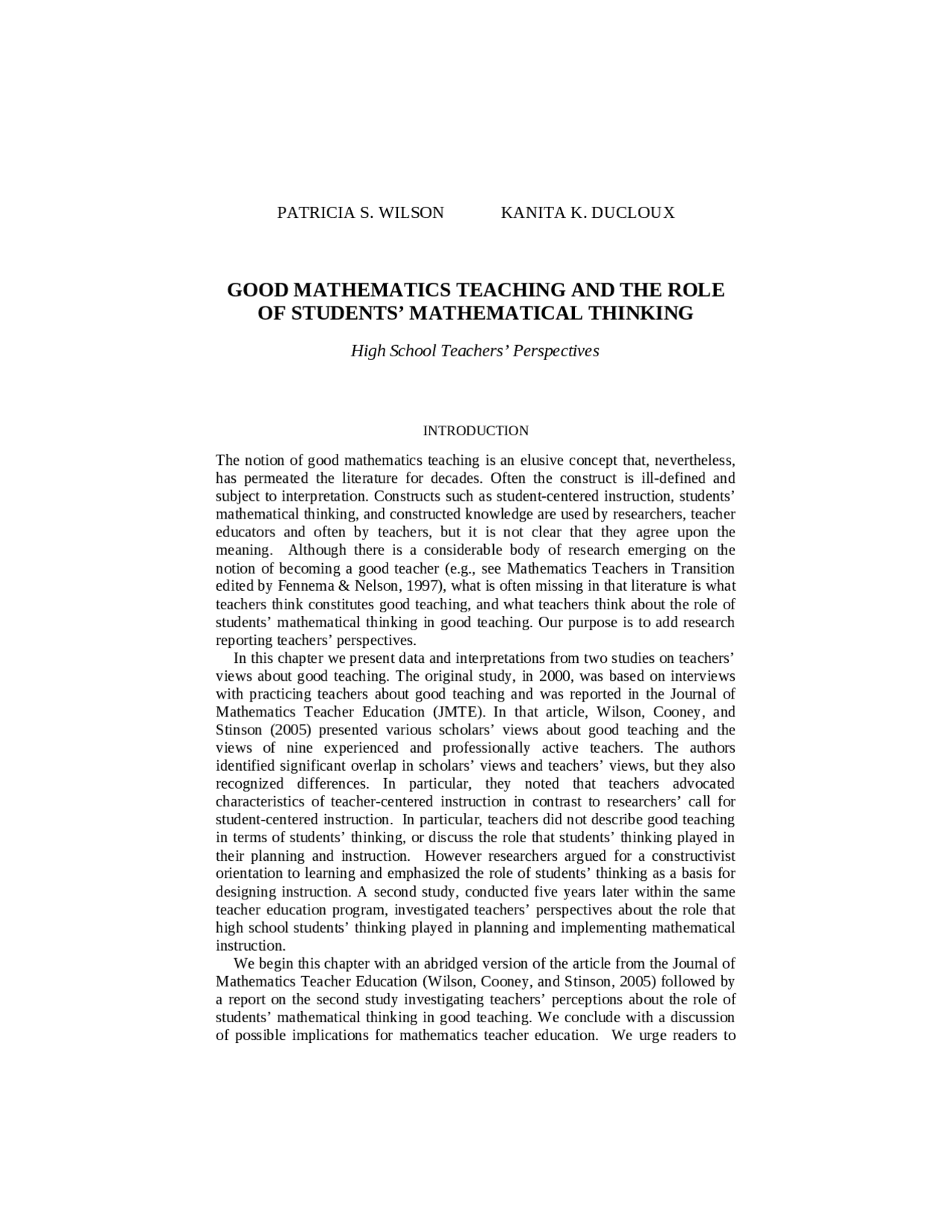 Good Mathematics Teaching and Role of Students Mathematical Thinking ...