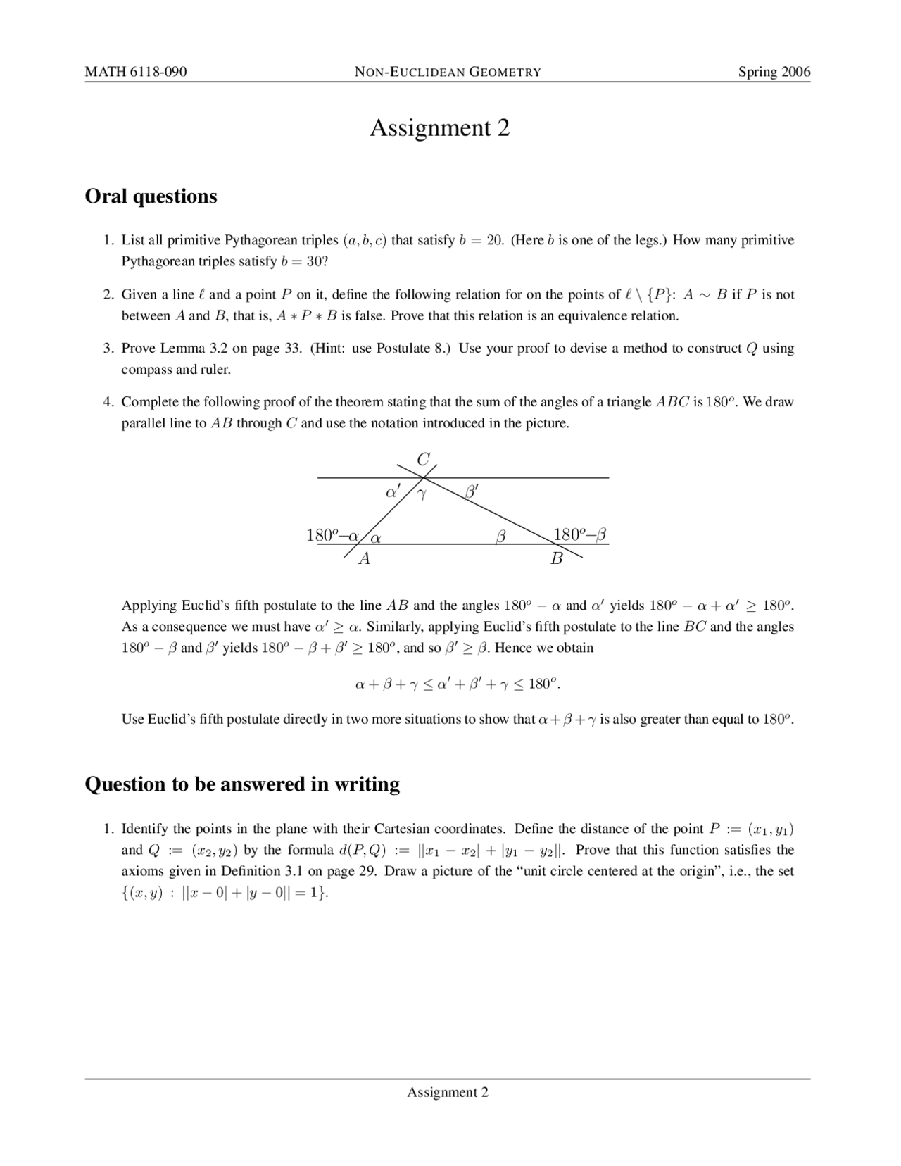 Assignment 2 Oral Questions Non Euclidean Geometry Math 6118 Docsity