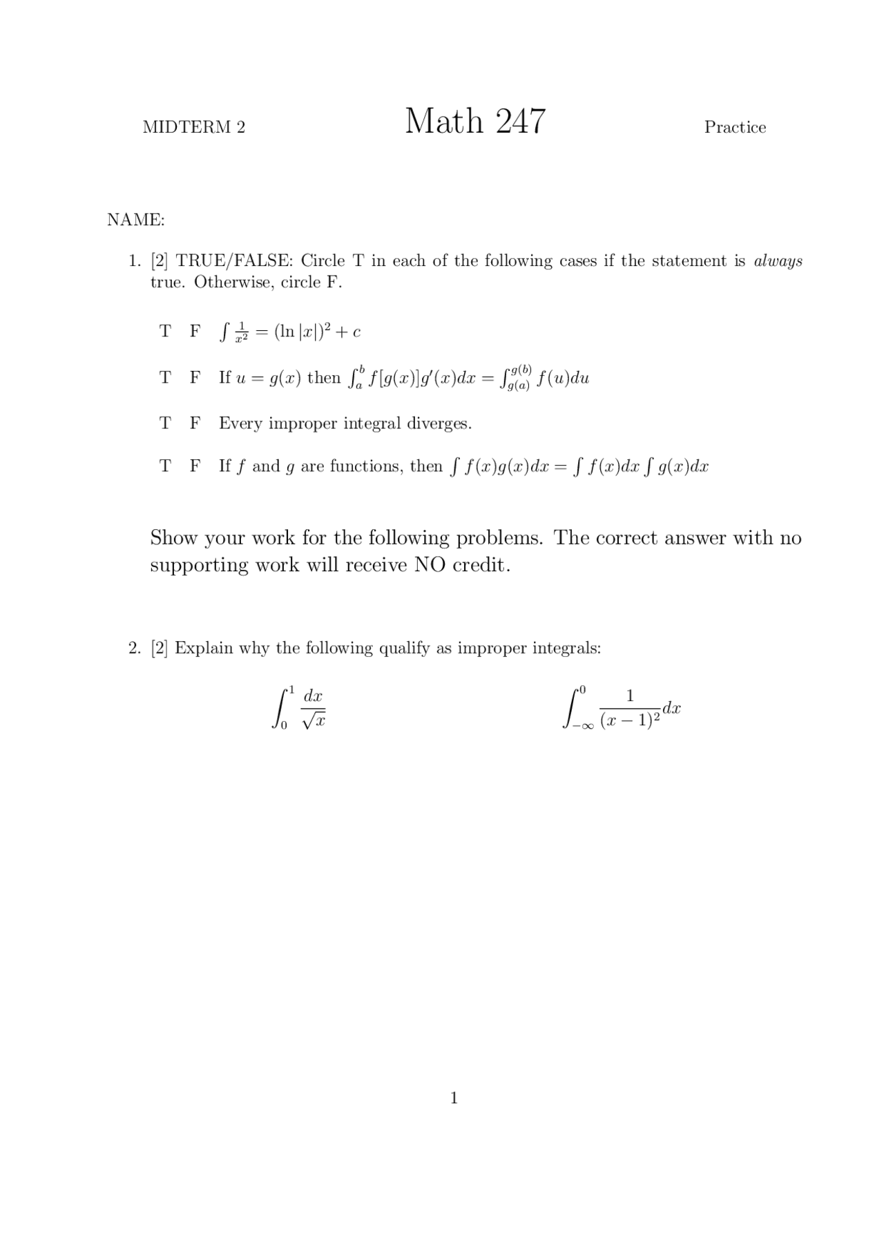 4 Solved Questions On Improper Integrals Midterm Exam 2 Math 247 Docsity
