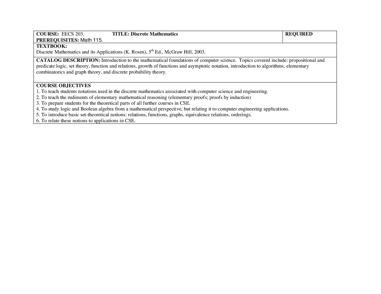 Syllabus For Discrete Mathematics Eecs 203 Docsity