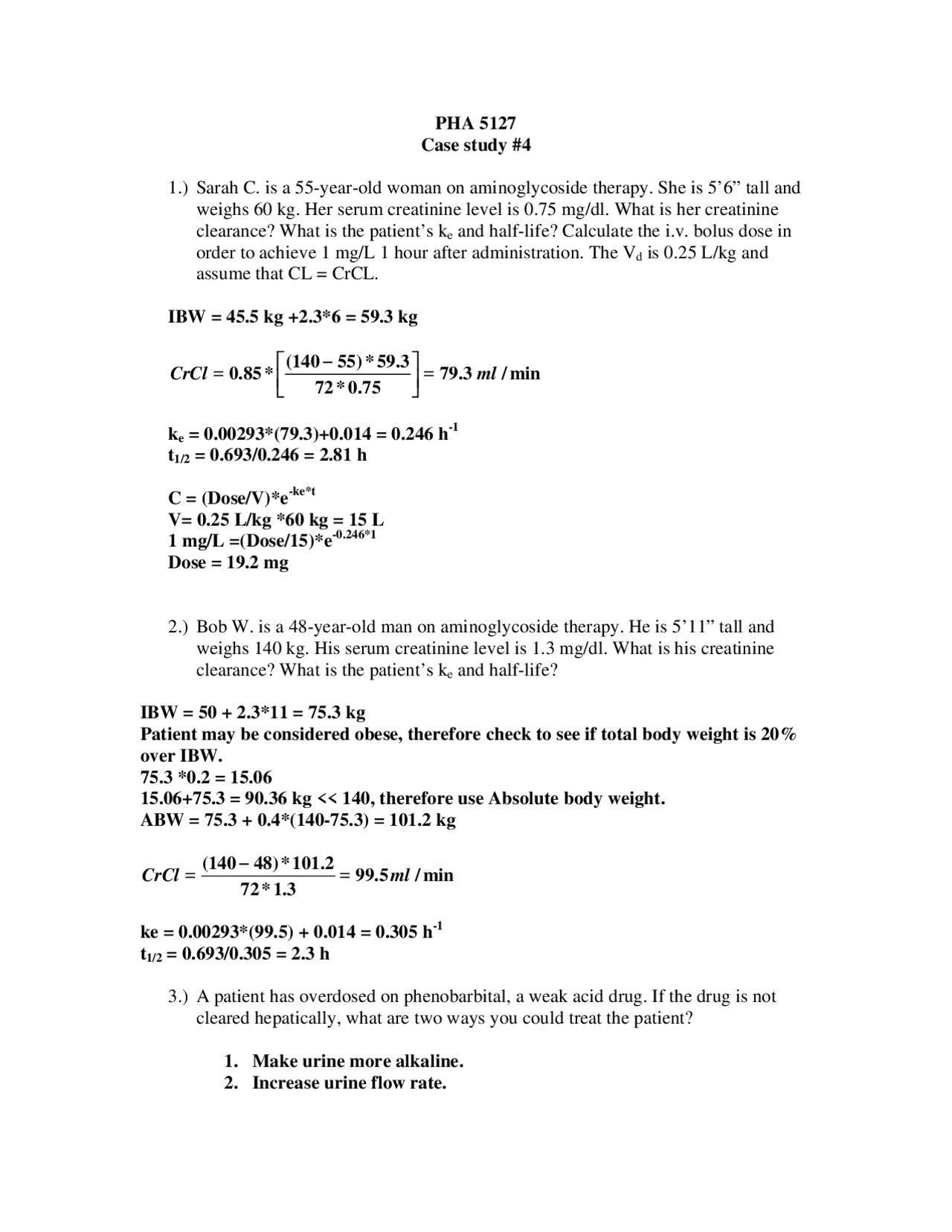 Case Study 4 for Basic Principles of Dose Optimization I | PHA 5127 - Docsity