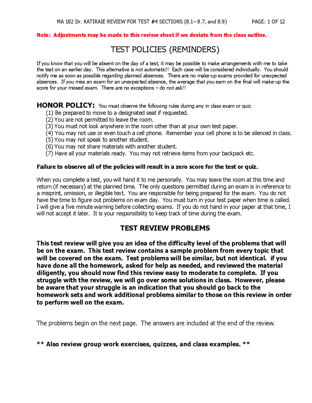 Test Review Problems Calculus Ii Ma 182 Docsity