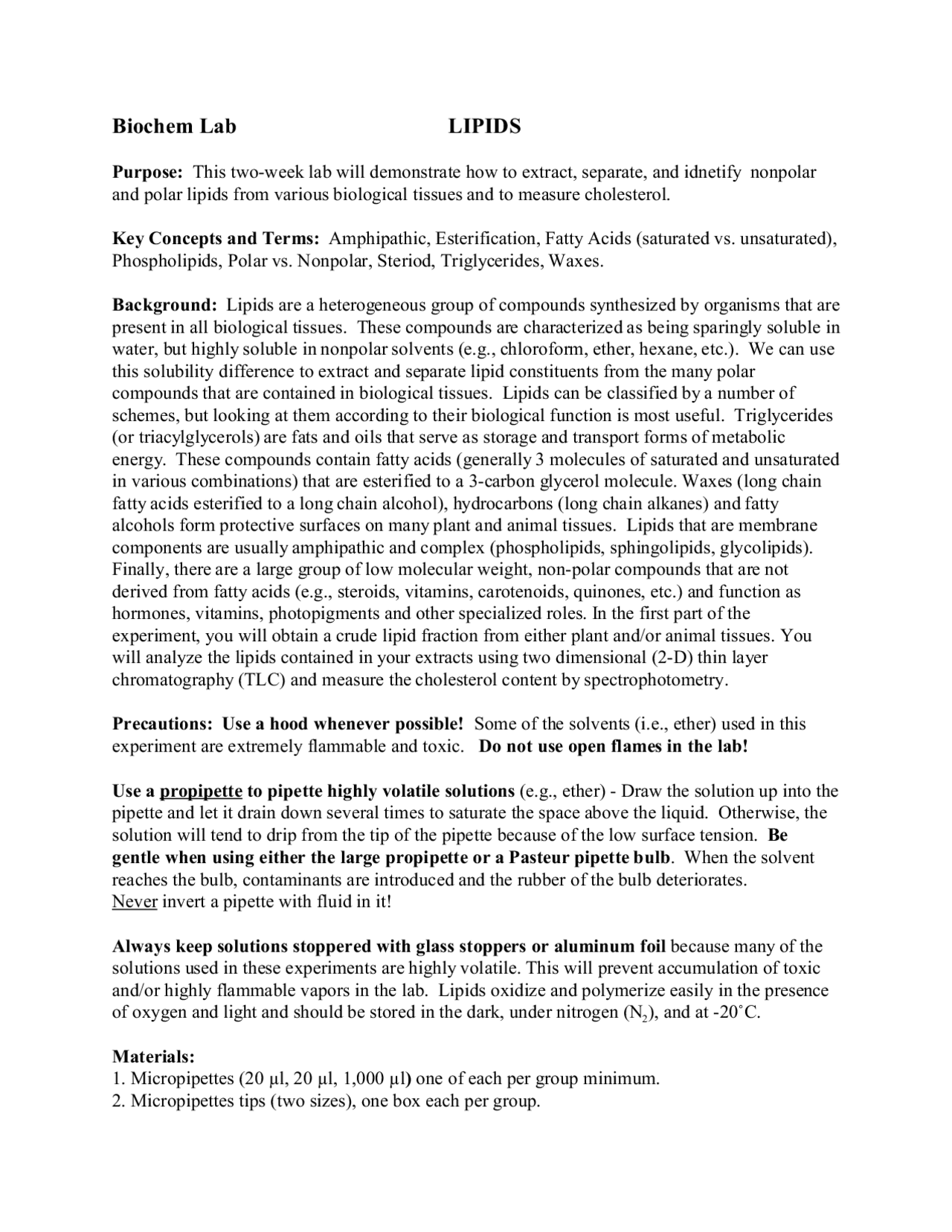 Lipids Laboratory General Biochemistry Bch 3033 Docsity