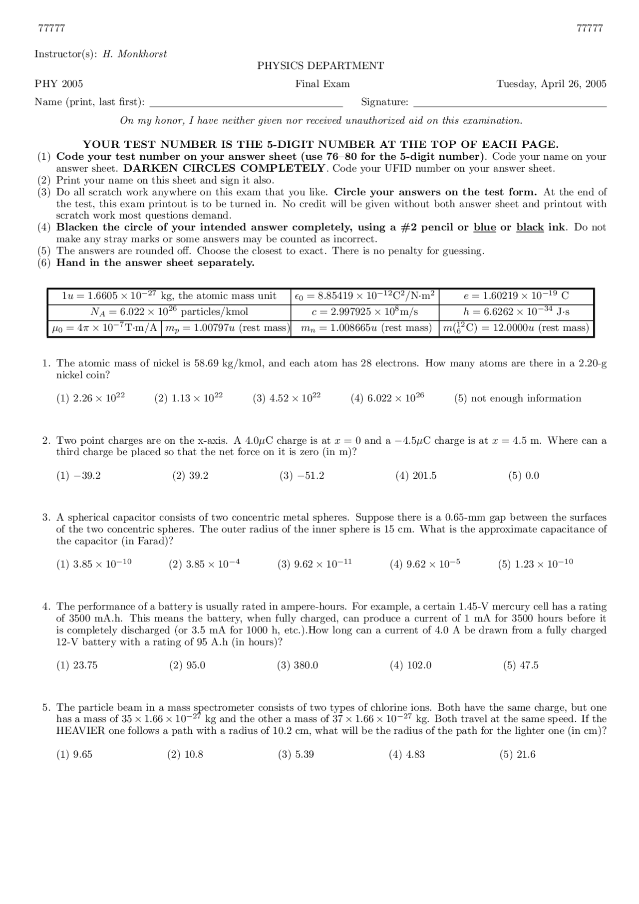 Final Exam Questions Applied Physics Ii Phy 2005 Docsity