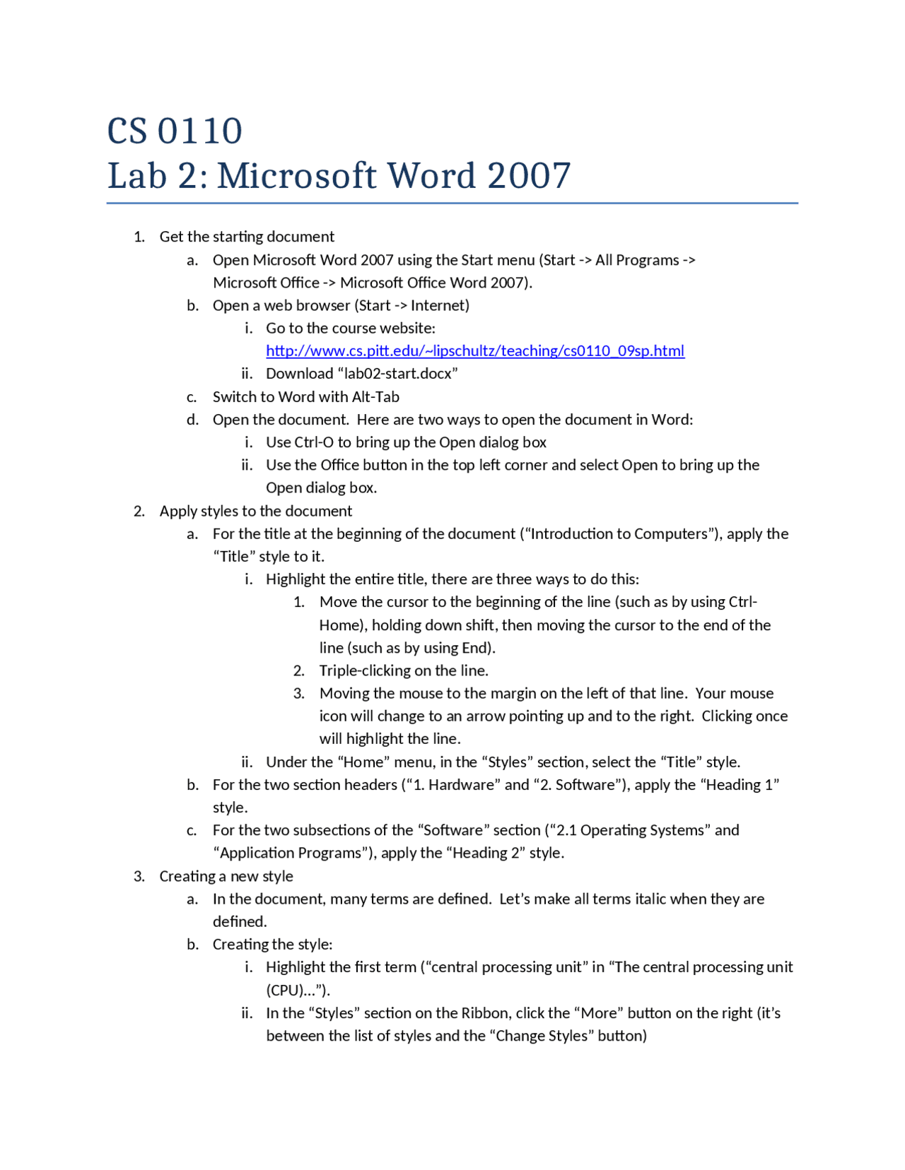 Laboratory 2 Microsoft Word 2007 Cs 0110 Docsity