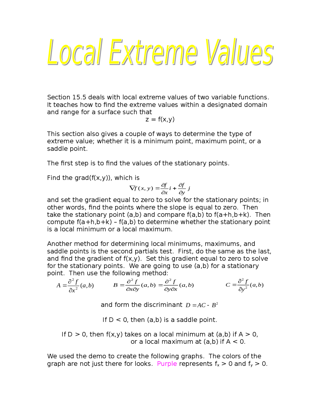 Lecture Slides on Local Extreme Values - Calculus III | MATH 2401 - Docsity