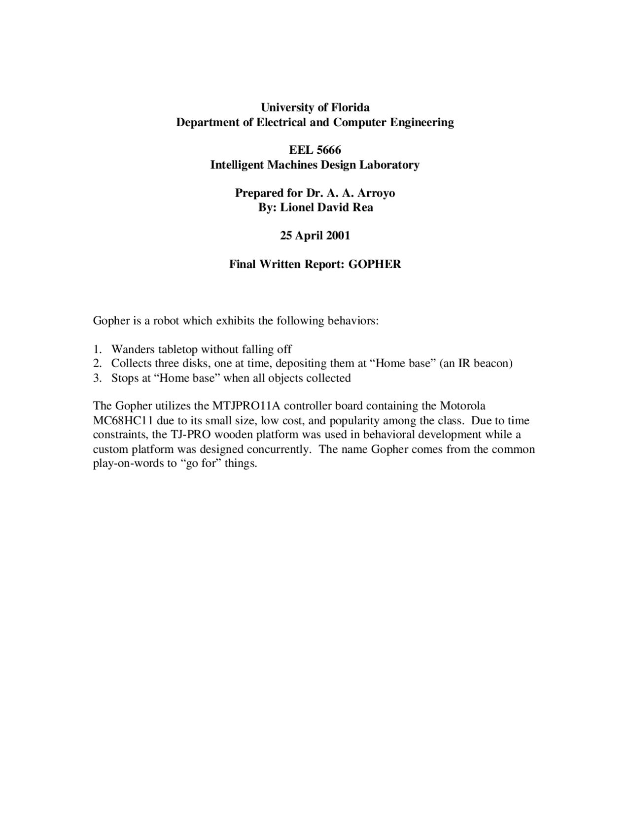 Notes On Gopher Intelligent Machines Design Laboratory Eel 5666