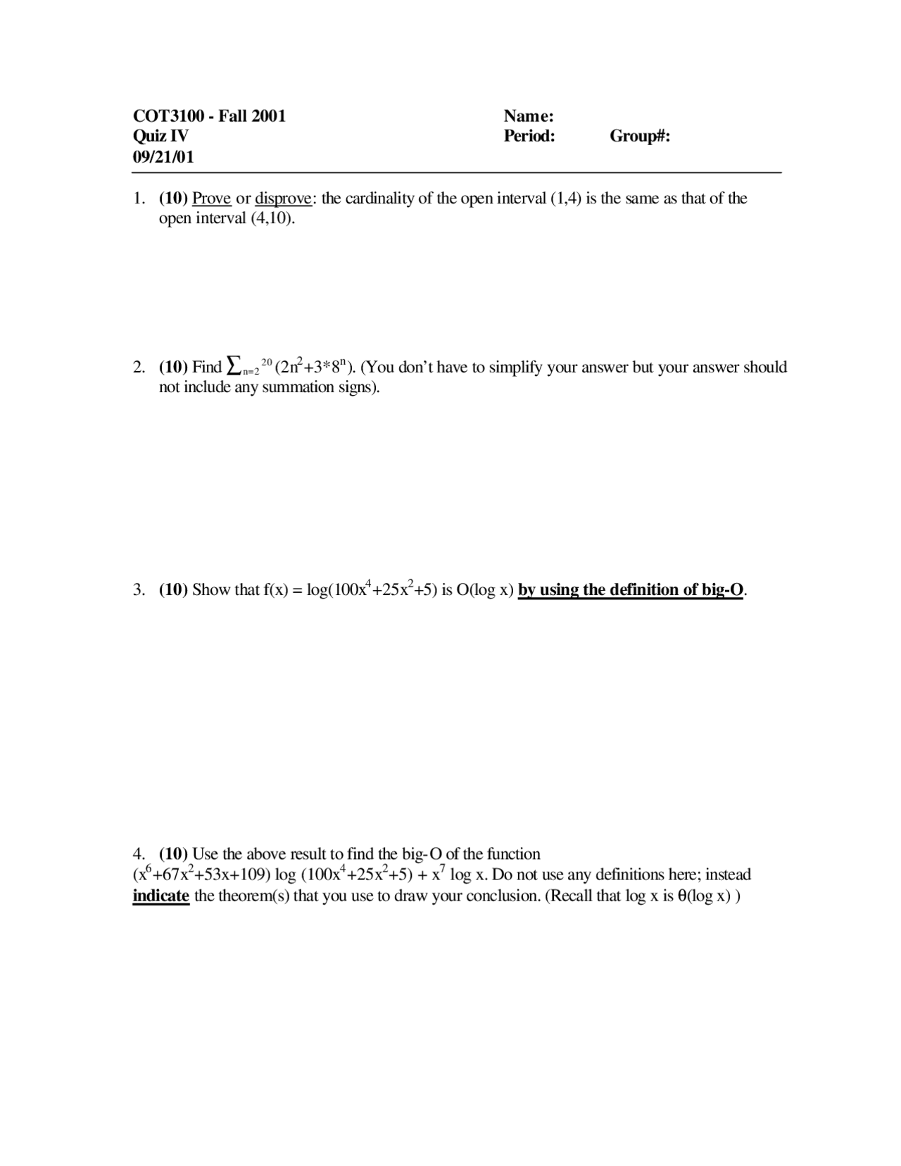 4 Questions in Quiz 4 on Indicating the Theorem | COT 3100 - Docsity