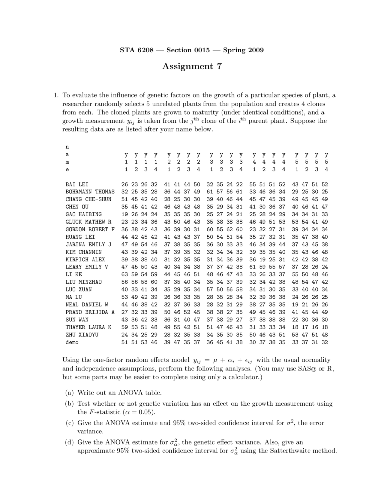 Assignment 7 Basic Design And Analysis Of Experiments Sta 6208