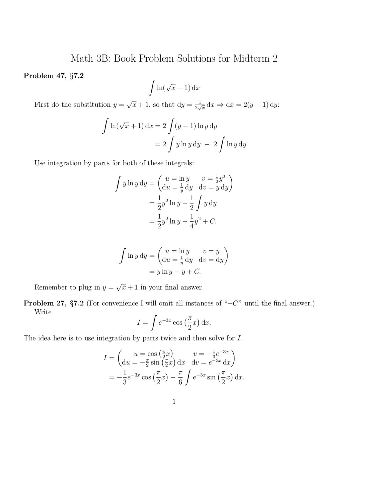 Math 3B: Midterm 2 Problem Solutions for Section 7 | Exams Mathematics | Docsity