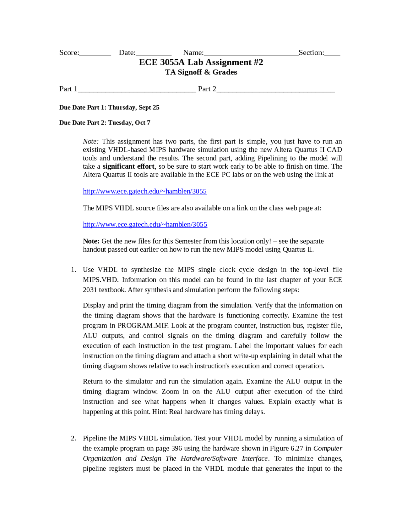 Lab Assignment II - Computer Architecture and Operating Systems | ECE 3055 - Docsity