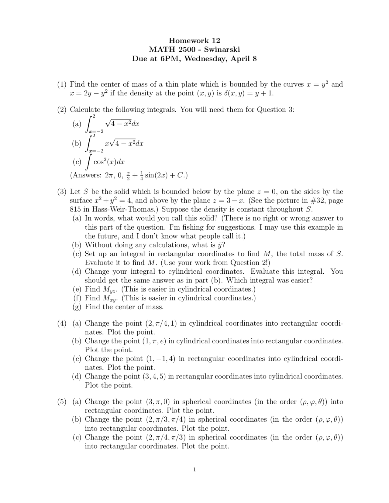 Multivariable Calculus Homework 12 Math 2500 Docsity