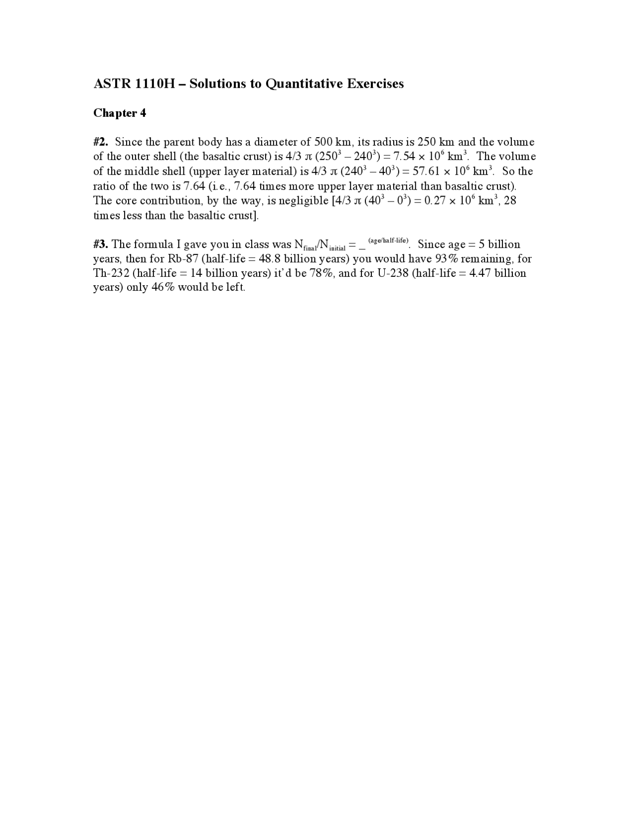 Introduction To Astronomy Solutions To Quantitative Exercises Astr