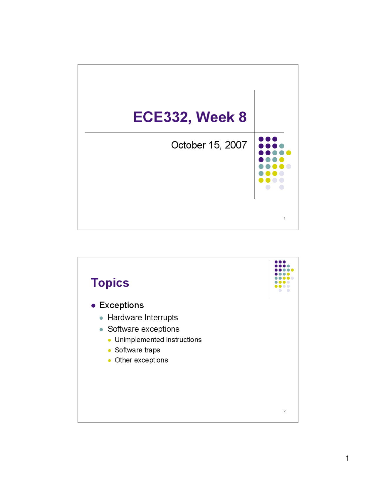 Hardware Interrupts and Software Exceptions - Lecture Slides | ECE 332 - Docsity