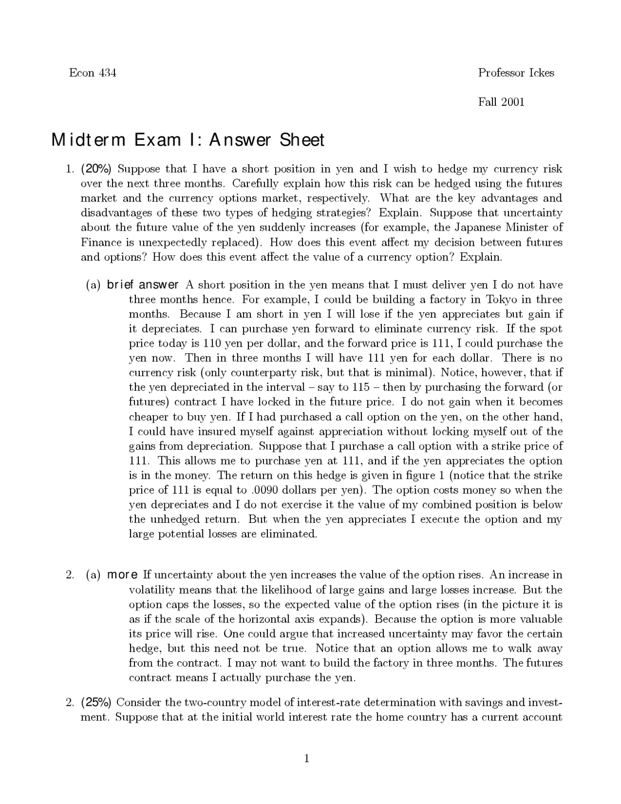 Midterm Exam I with Answer Sheet for International Finance | ECON 434 ...