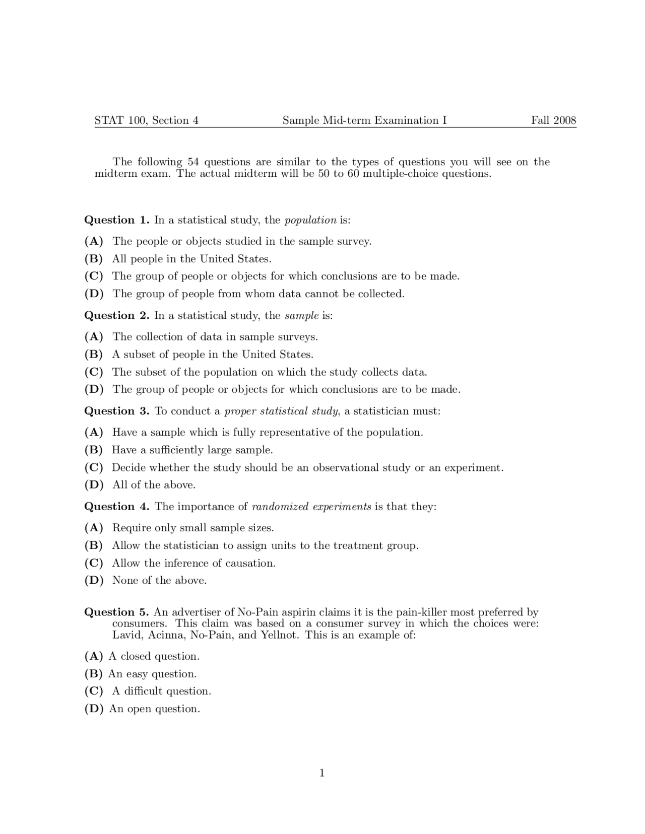 Sample Midterm Exam 1 Statistical Concepts And Reasoning Stat 100 Docsity