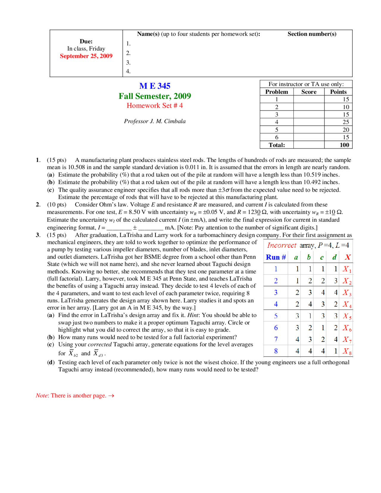 ME 345: Probability & Statistics Homework Set #4, Fall '09 - Prof. John Mich Cimbala ...