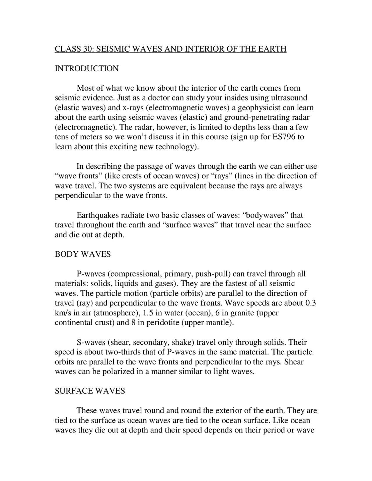 Seismic Waves And Interior Of The Earth Lecture Notes Esci 401