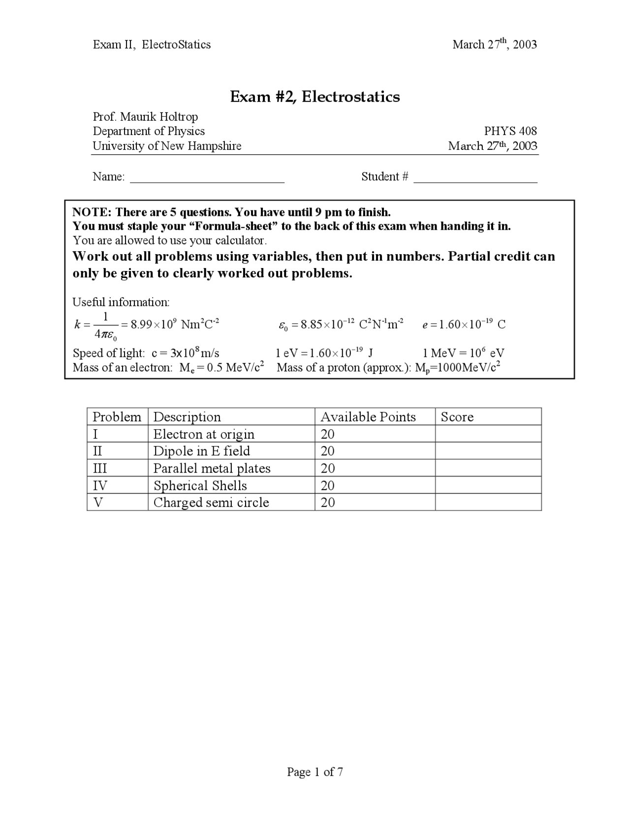Electrostatics Exam 2 With 5 Problems Phys 408 Docsity