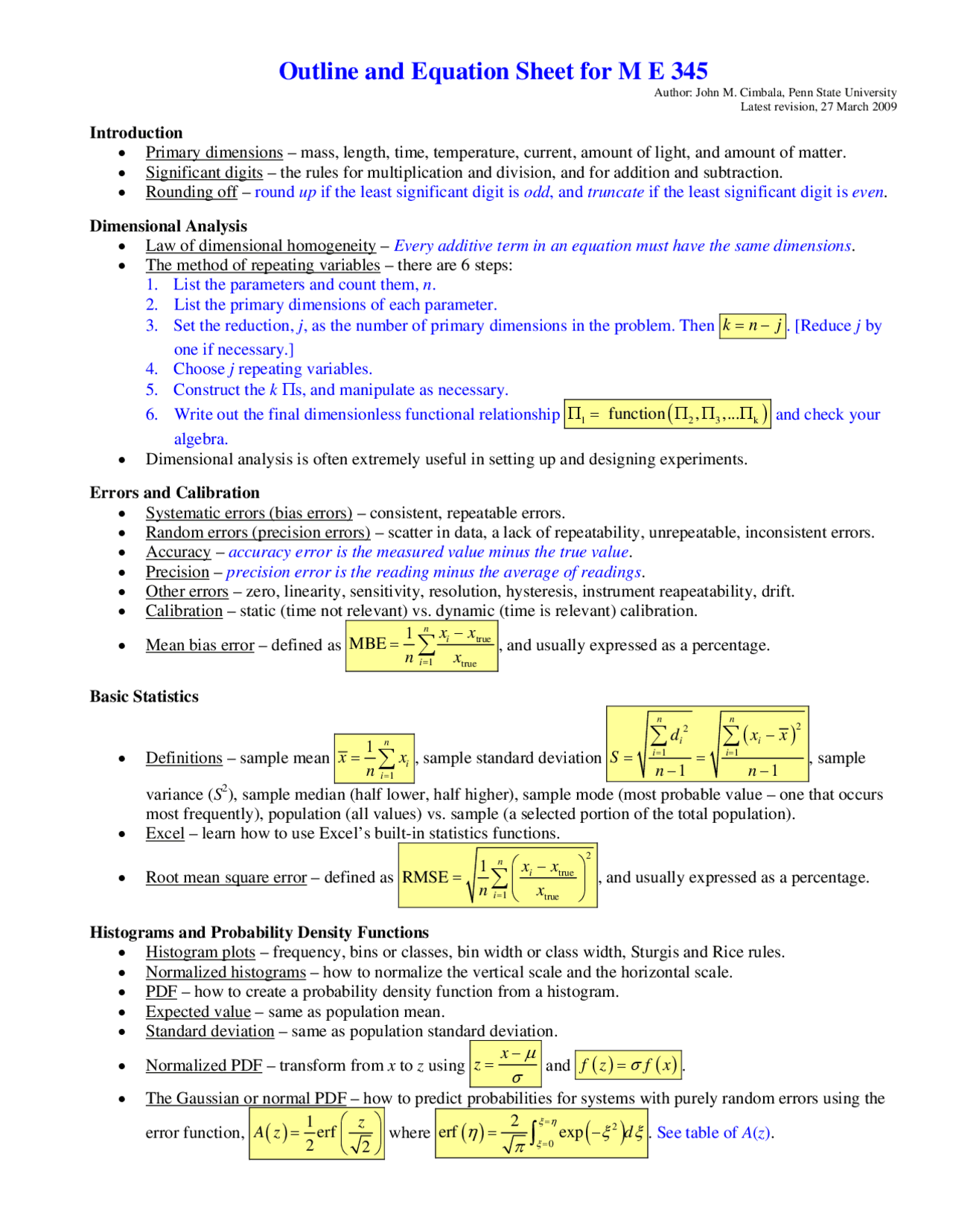 Outline and Equation Sheet for Instrumentation, Measurements, and ...