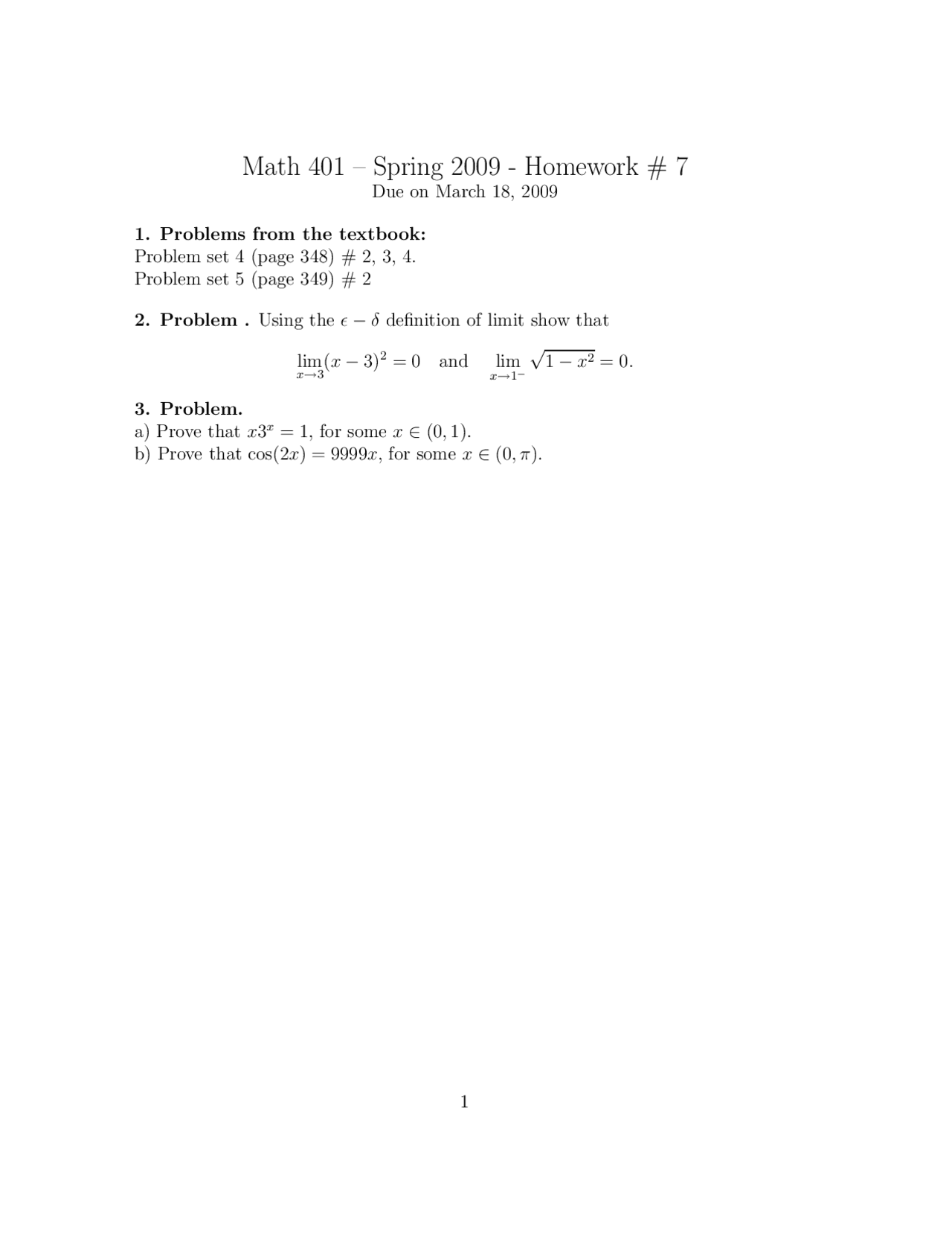 3 Practice Problems on Introduction to Analysis I - Homework 7 | MATH 401 - Docsity