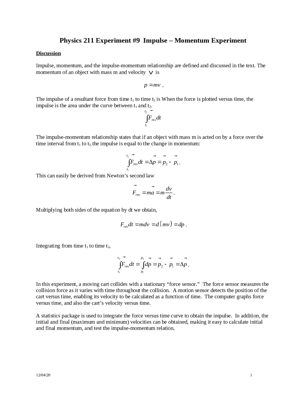 Impulse Momentum Experiment Lab Experiment 9 Phys 211 Docsity