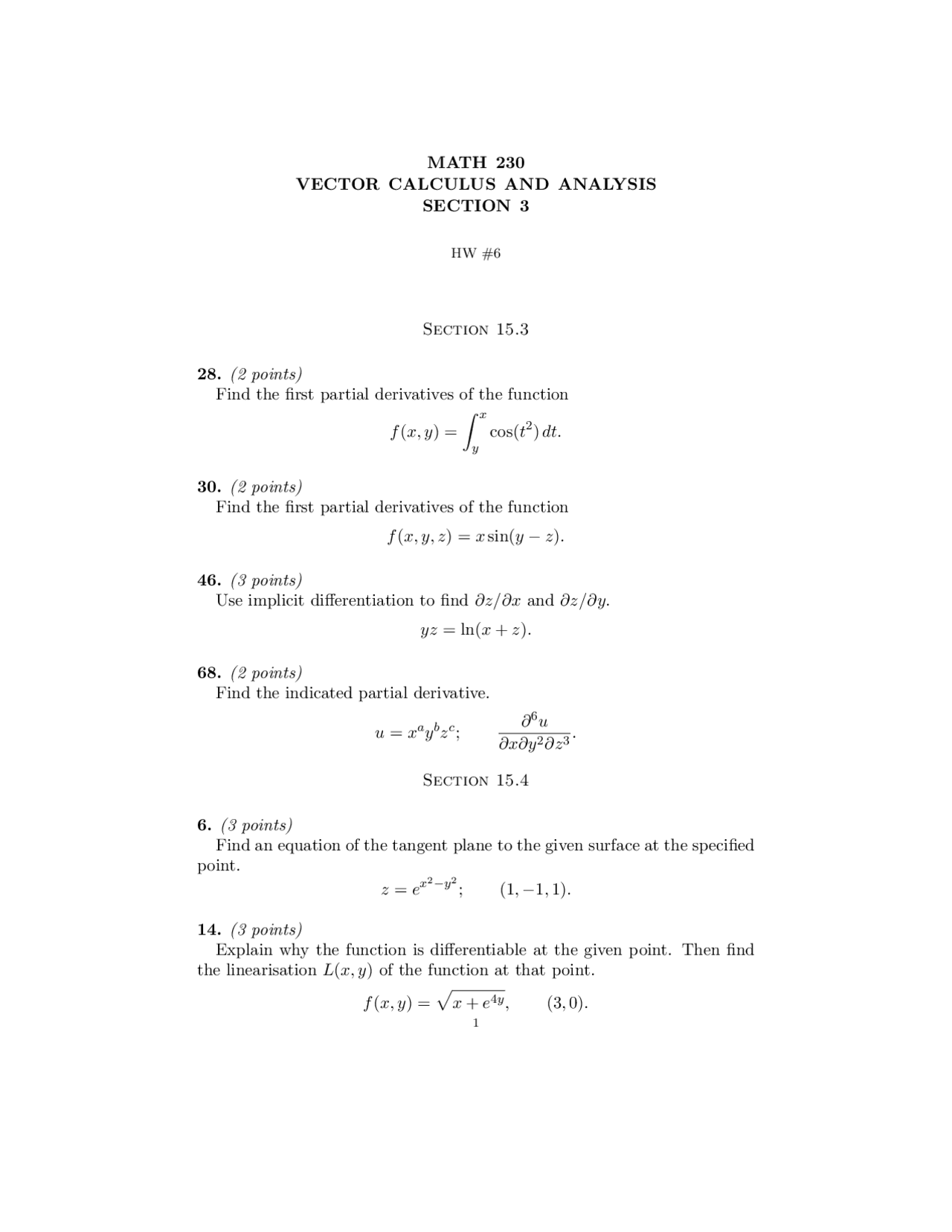 Homework 6 Questions - Calculus and Vector Analysis | MATH 230 - Docsity